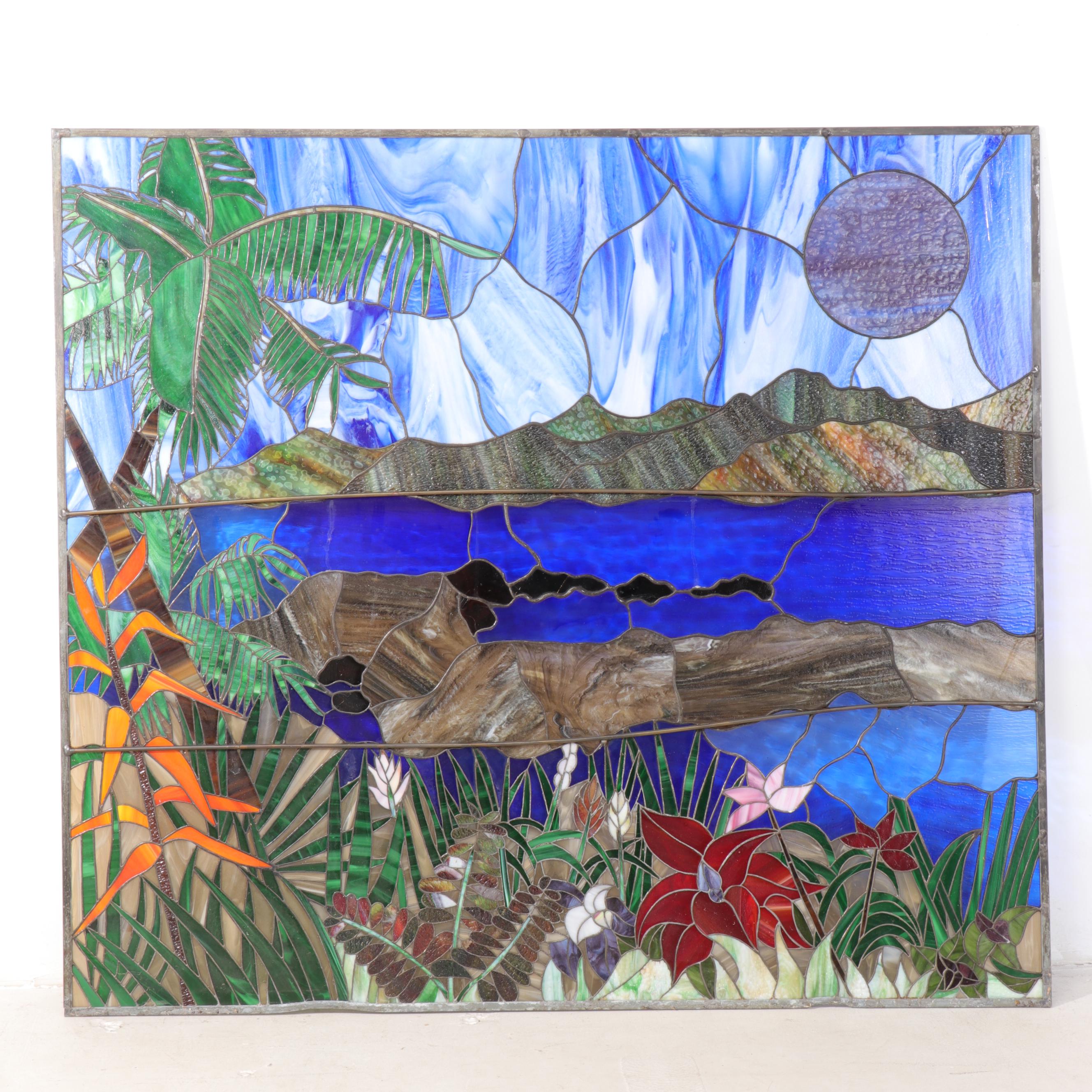 Timothy Heil Stained and Slag Glass Window Panel of Tropical Scene ...