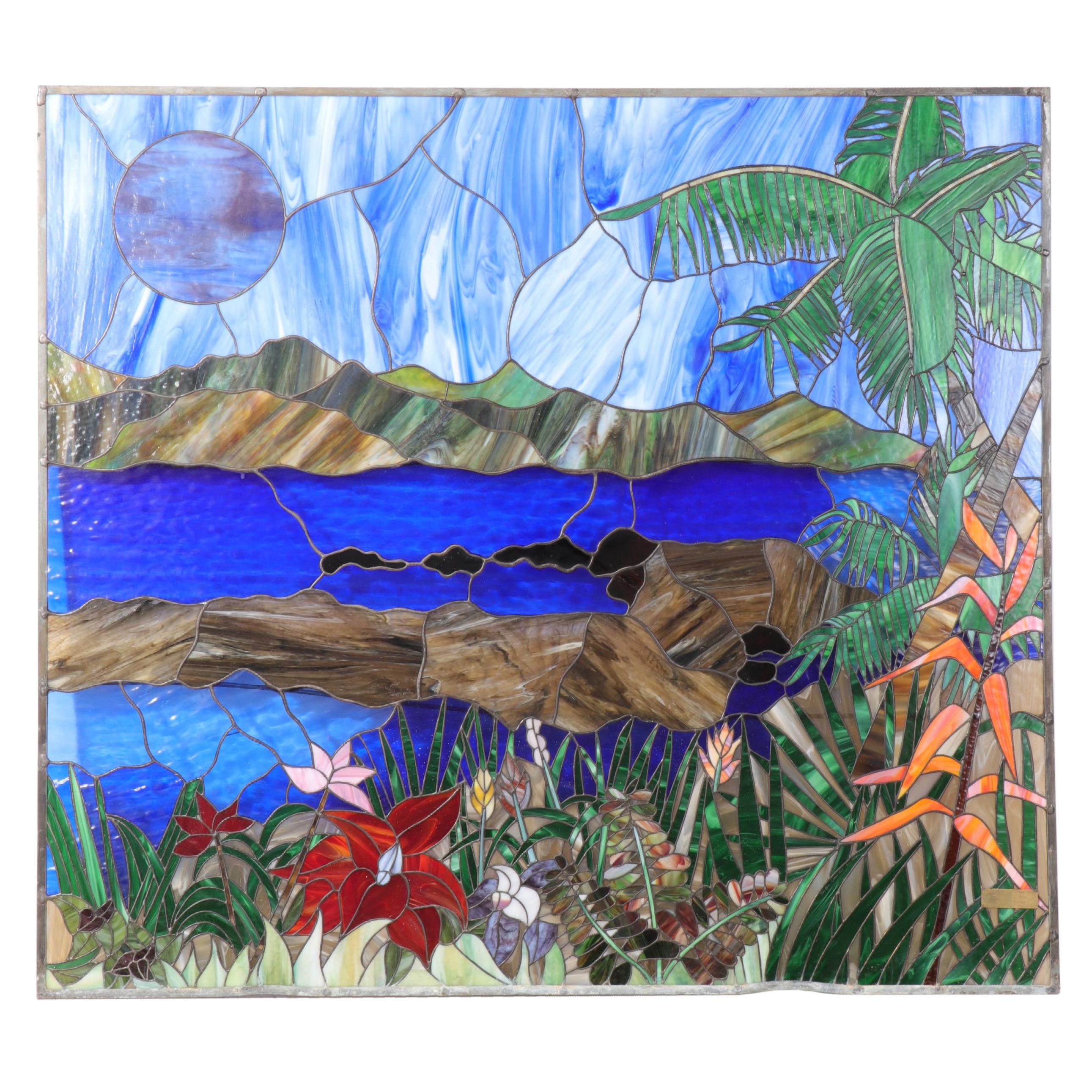 Timothy Heil Stained and Slag Glass Window Panel of Tropical Scene ...
