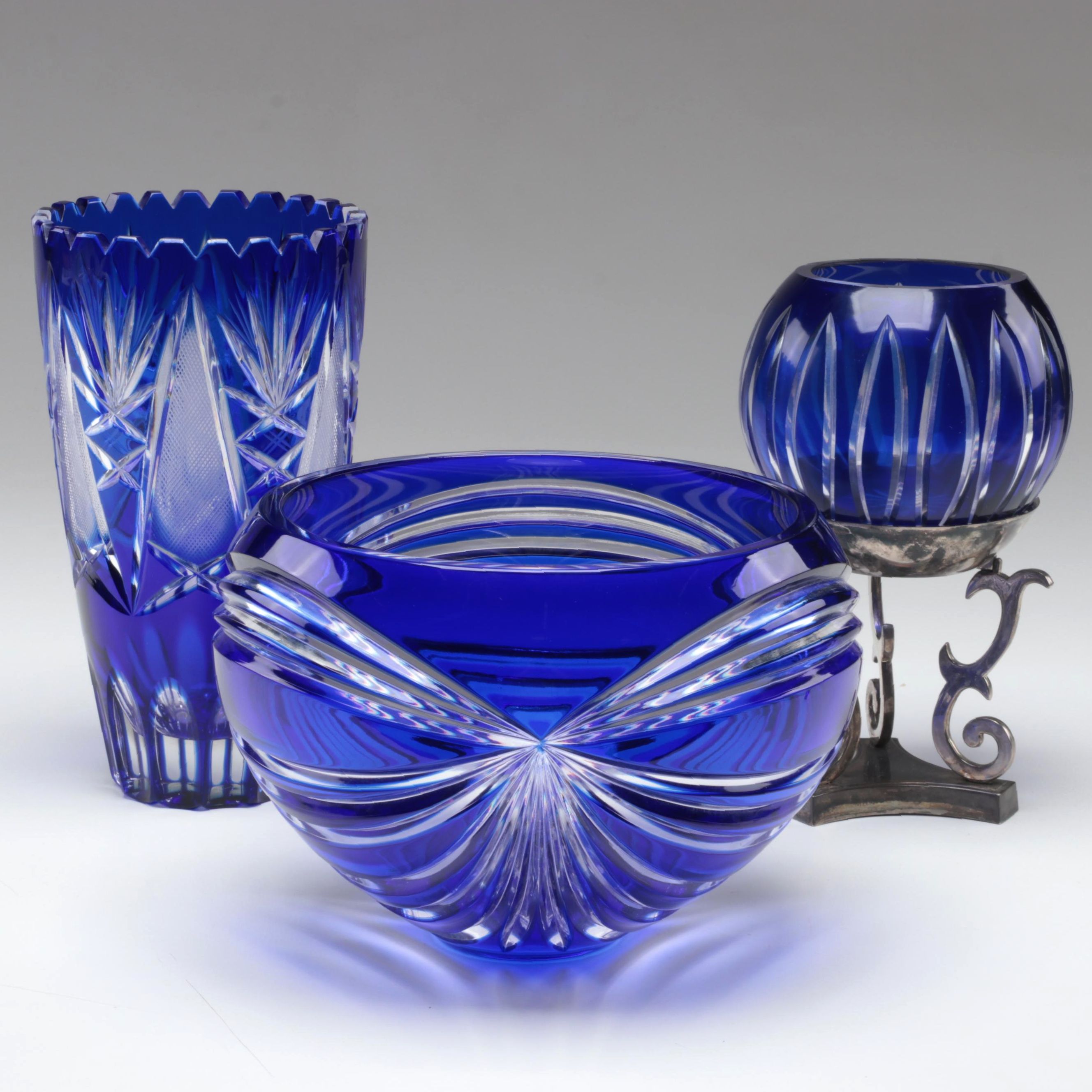 Mikasa and Other Cut To Clear Cobalt Glass Bowl and Vase with Silver ...