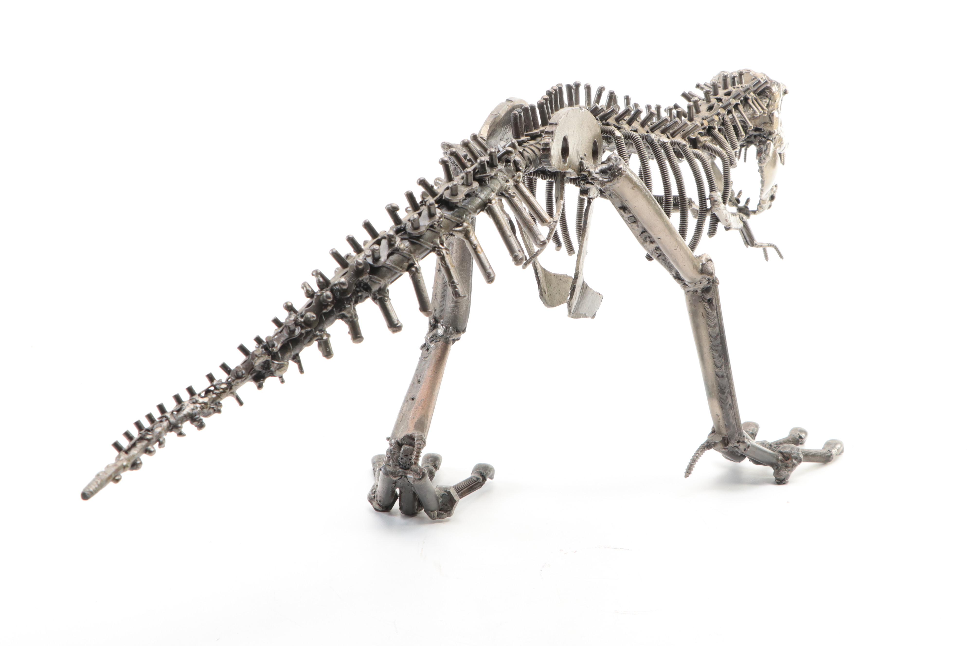 Metal Park Scrap Metal Sculpture of Predatory Dinosaur Skeleton | EBTH