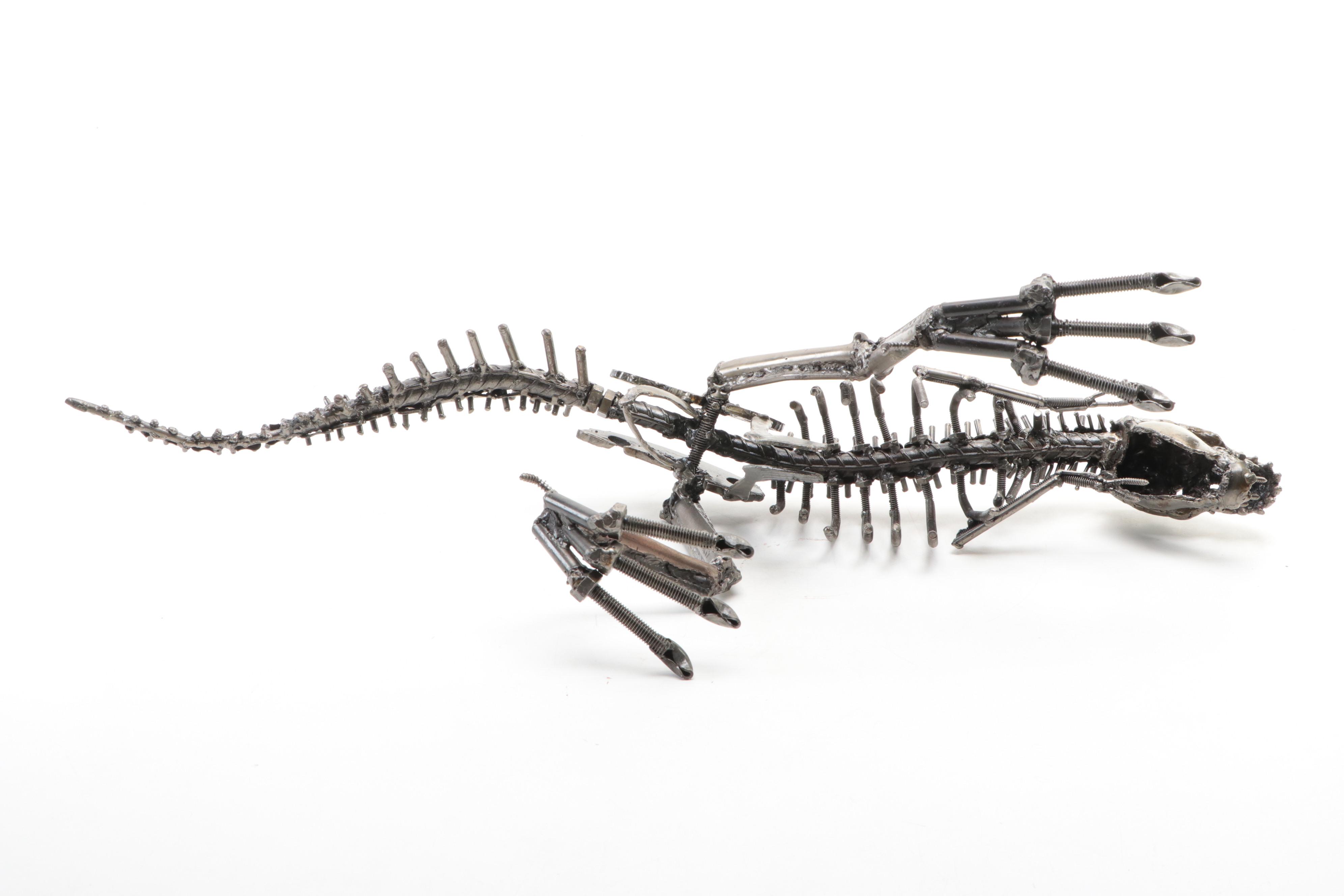 Metal Park Scrap Metal Sculpture of Predatory Dinosaur Skeleton | EBTH