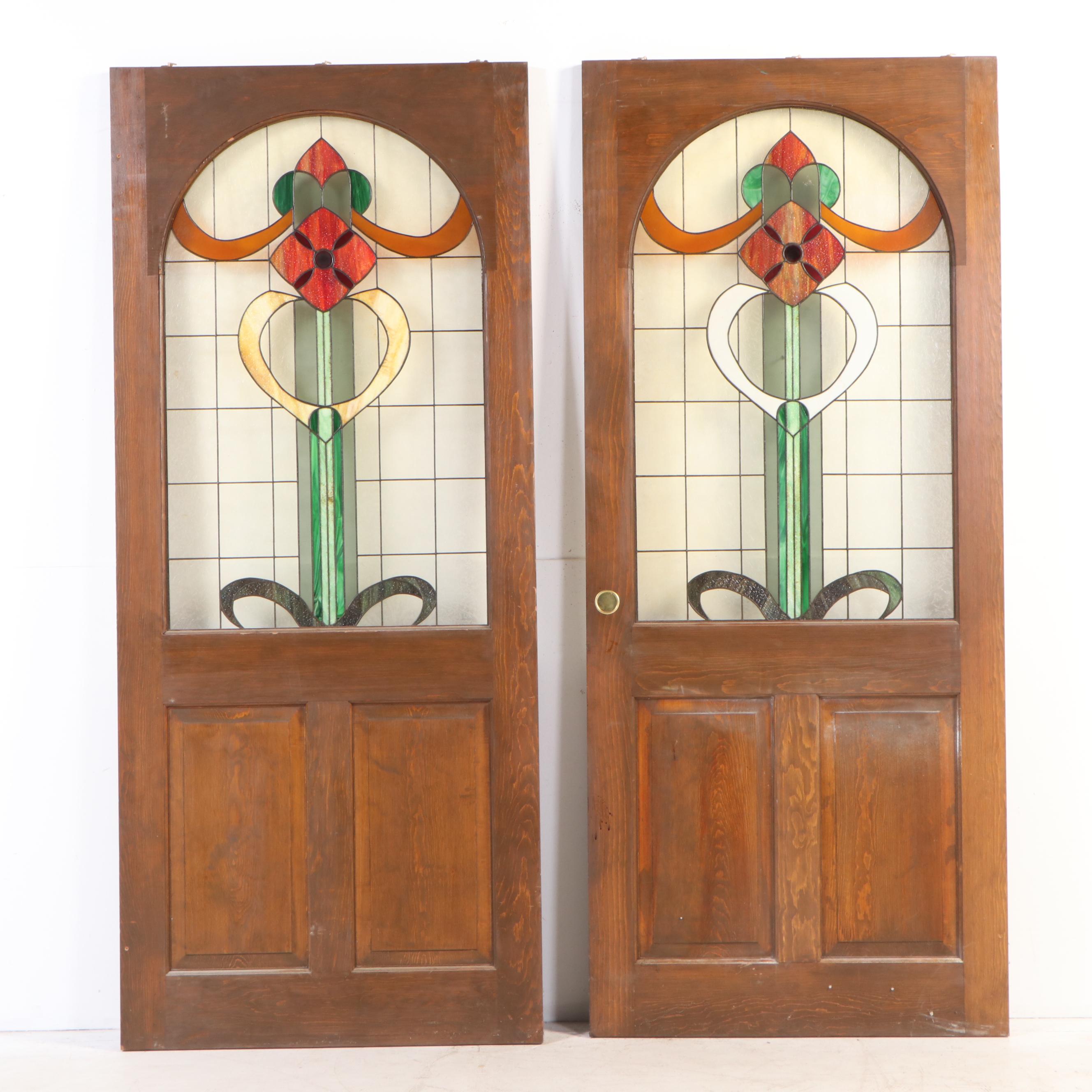 Pair of Fir Pocket Doors with Arched Leaded Stained and Slag Glass ...