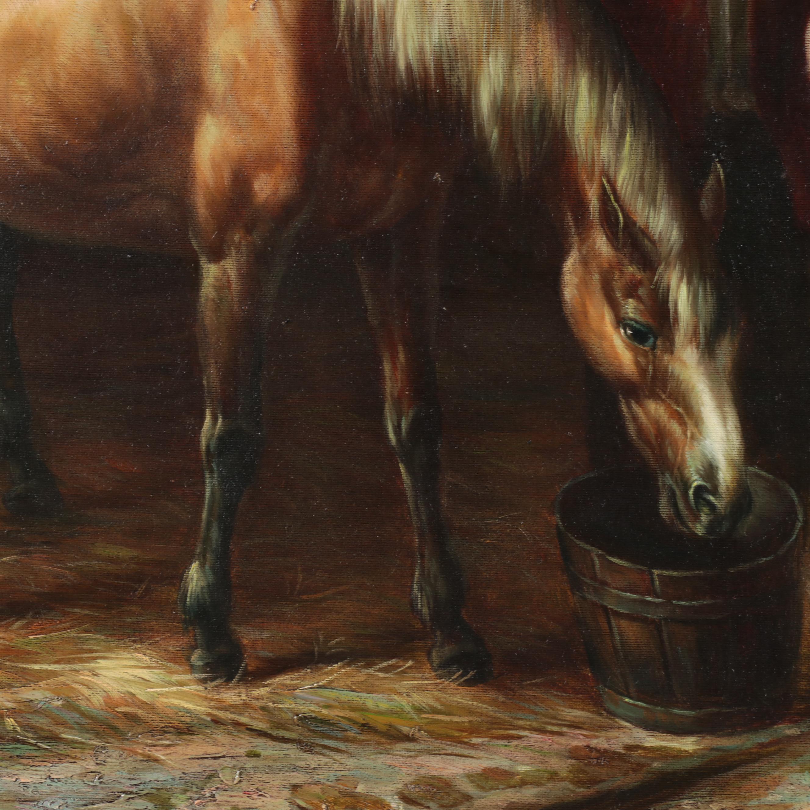 Oil Painting of Stable Interior With Three Horses | EBTH