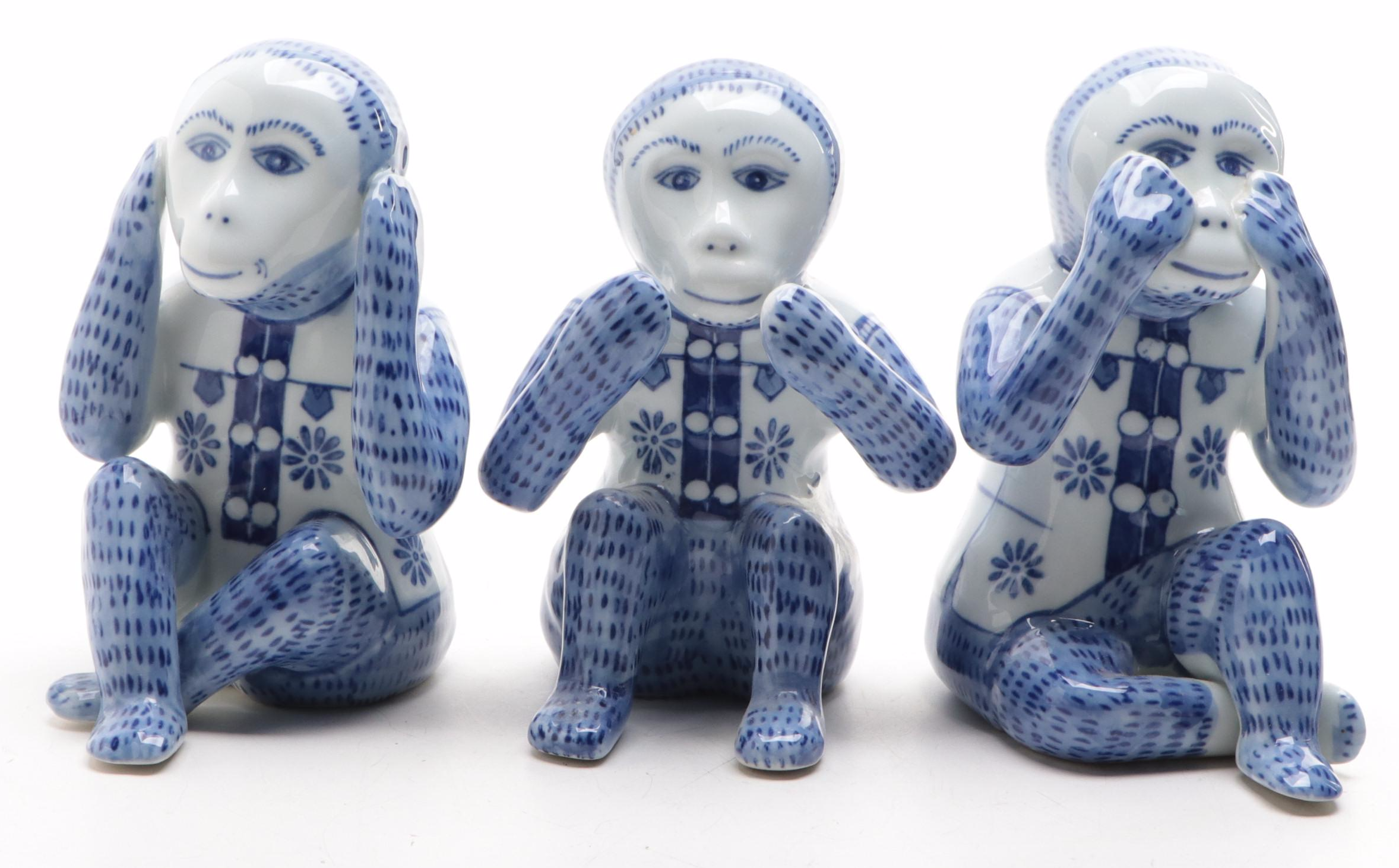 Chinoiserie Blue and White Porcelain Three Wise Monkey Figurines | EBTH