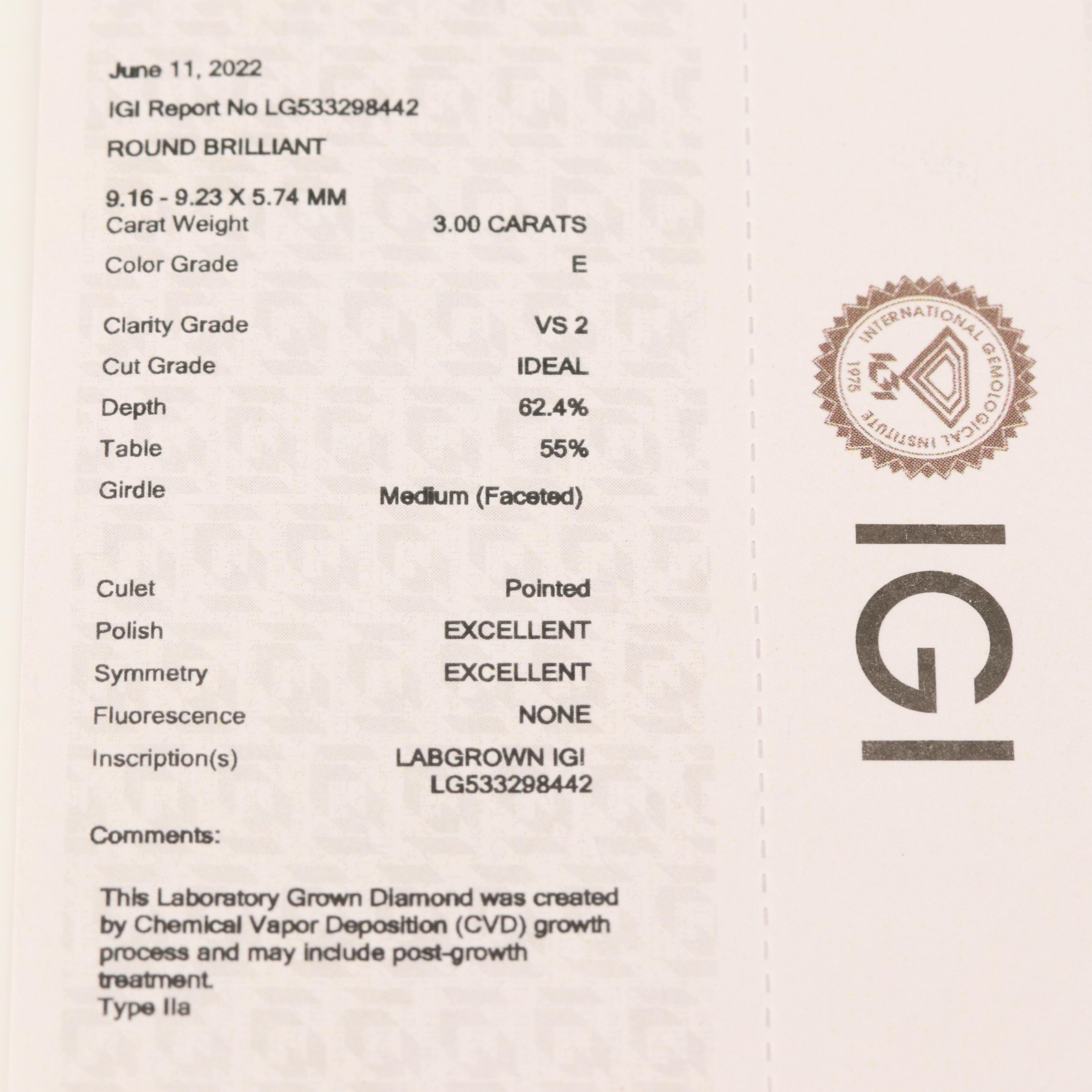 Loose 3.00 CT Lab Grown Diamond with IGI Report | EBTH