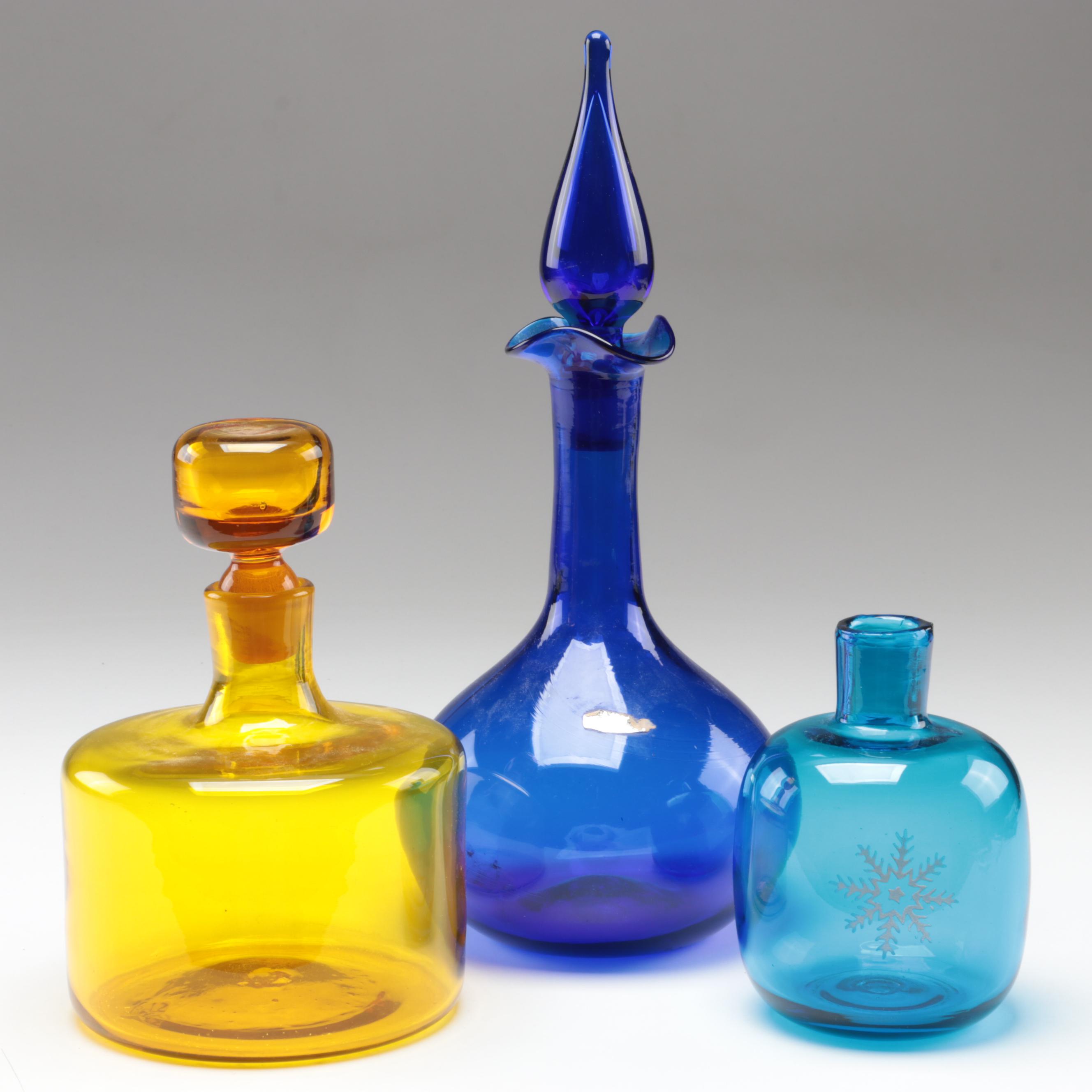 Blenko Glass Jonquil and Cobalt Decanters with Blenko Vase | EBTH