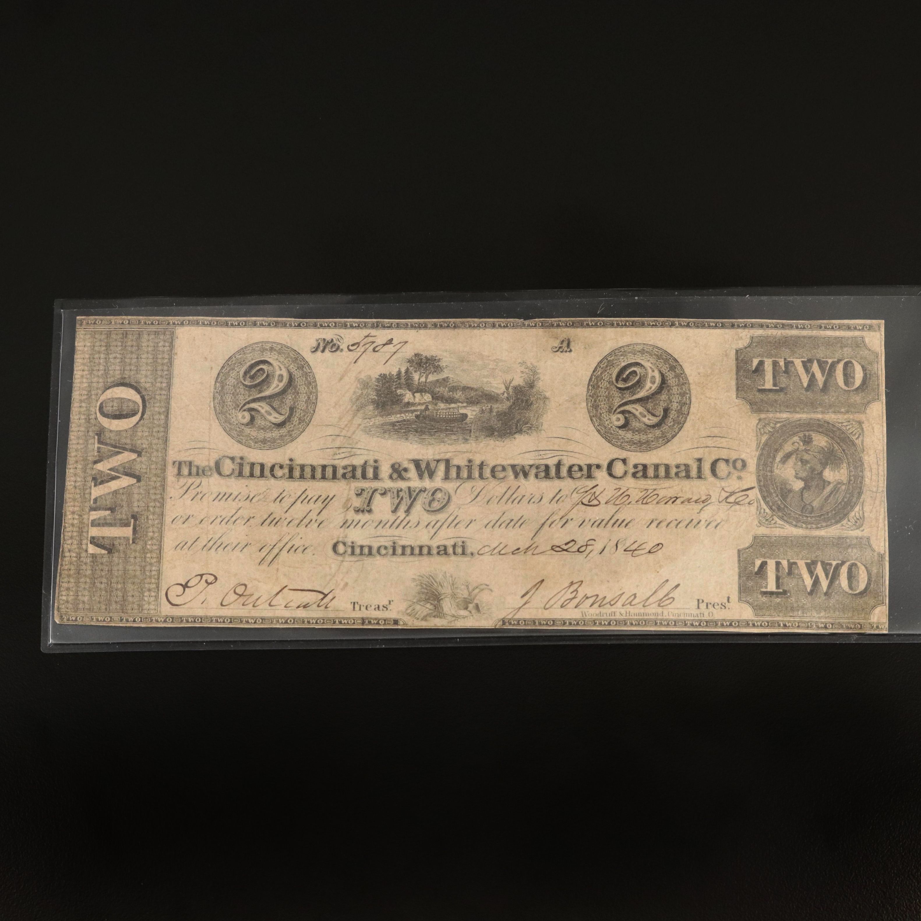 Early Obsolete $2 Banknote from The Cincinnati & Whitewater Canal Co ...