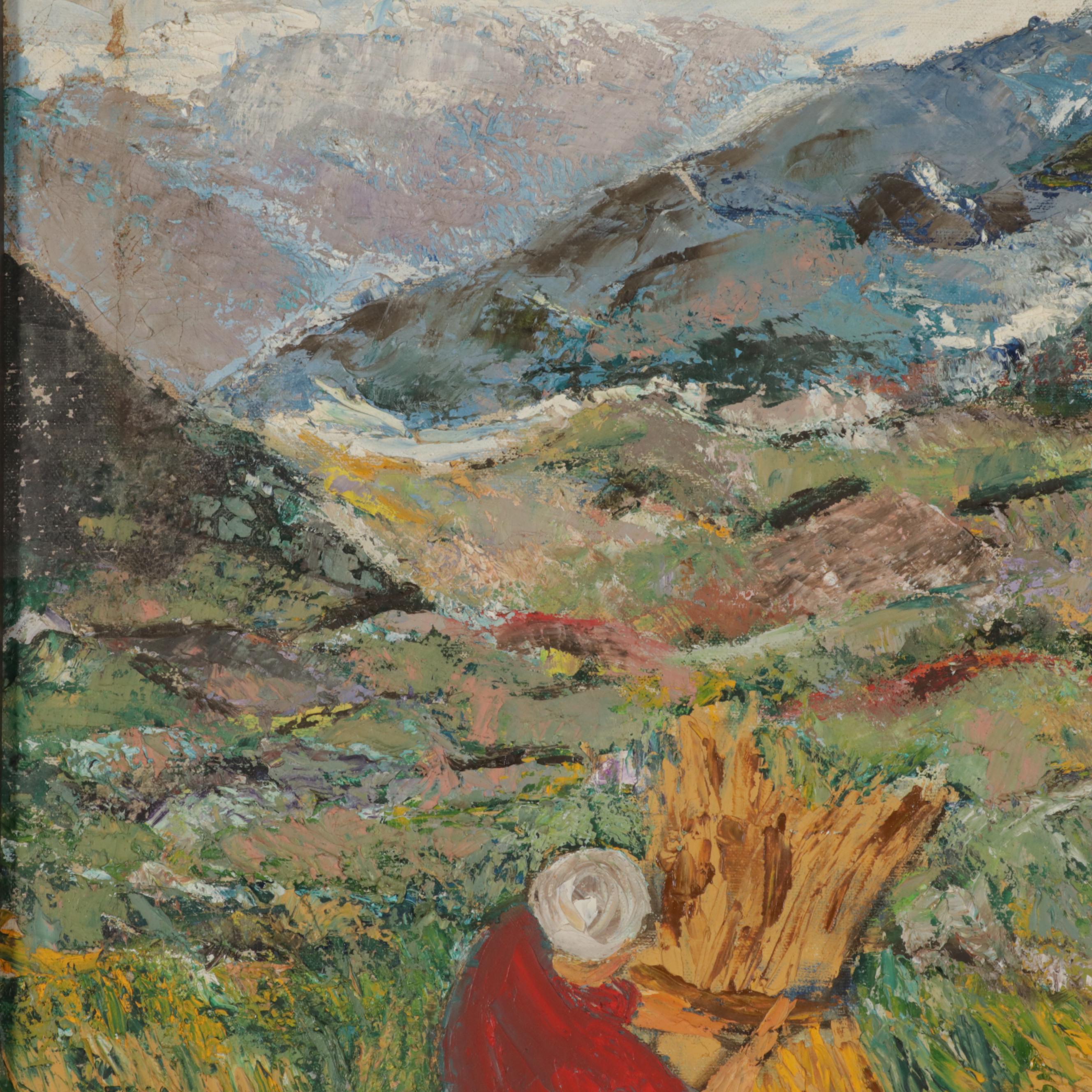 Ethel Gilmore Oil Painting of Farmers Harvesting Grain | EBTH