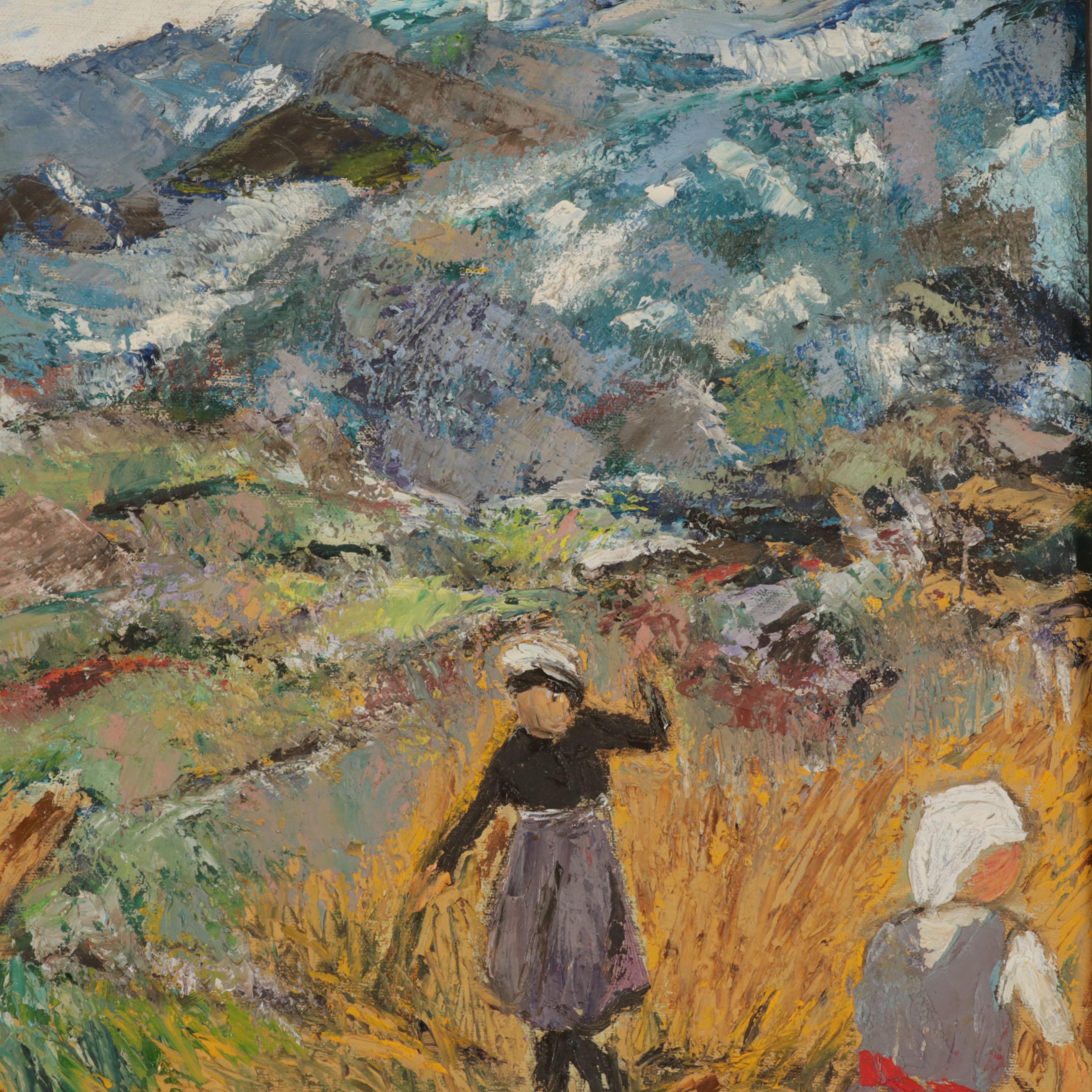 Ethel Gilmore Oil Painting of Farmers Harvesting Grain | EBTH