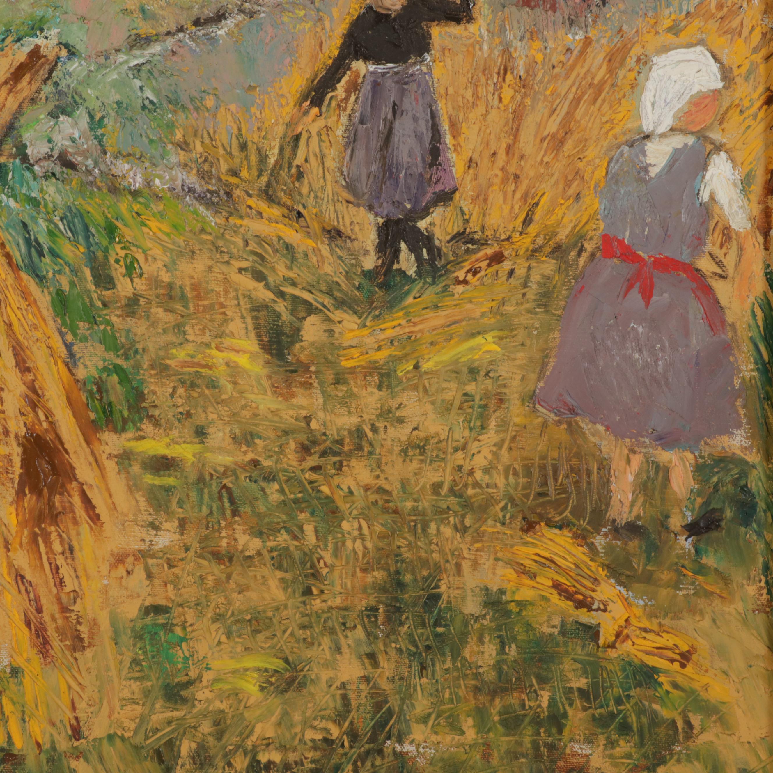 Ethel Gilmore Oil Painting of Farmers Harvesting Grain | EBTH