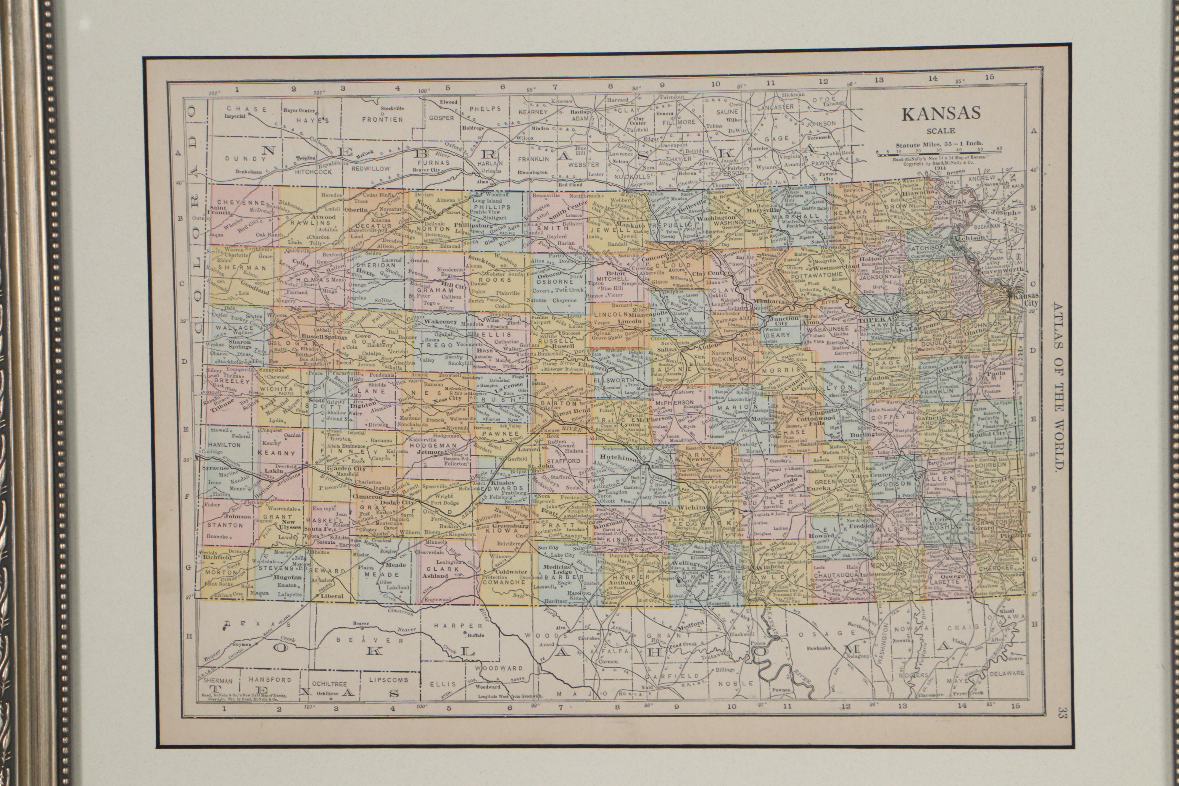 Rand McNally & Co. Wax Engraving Map of Kansas, Circa 1914 | EBTH