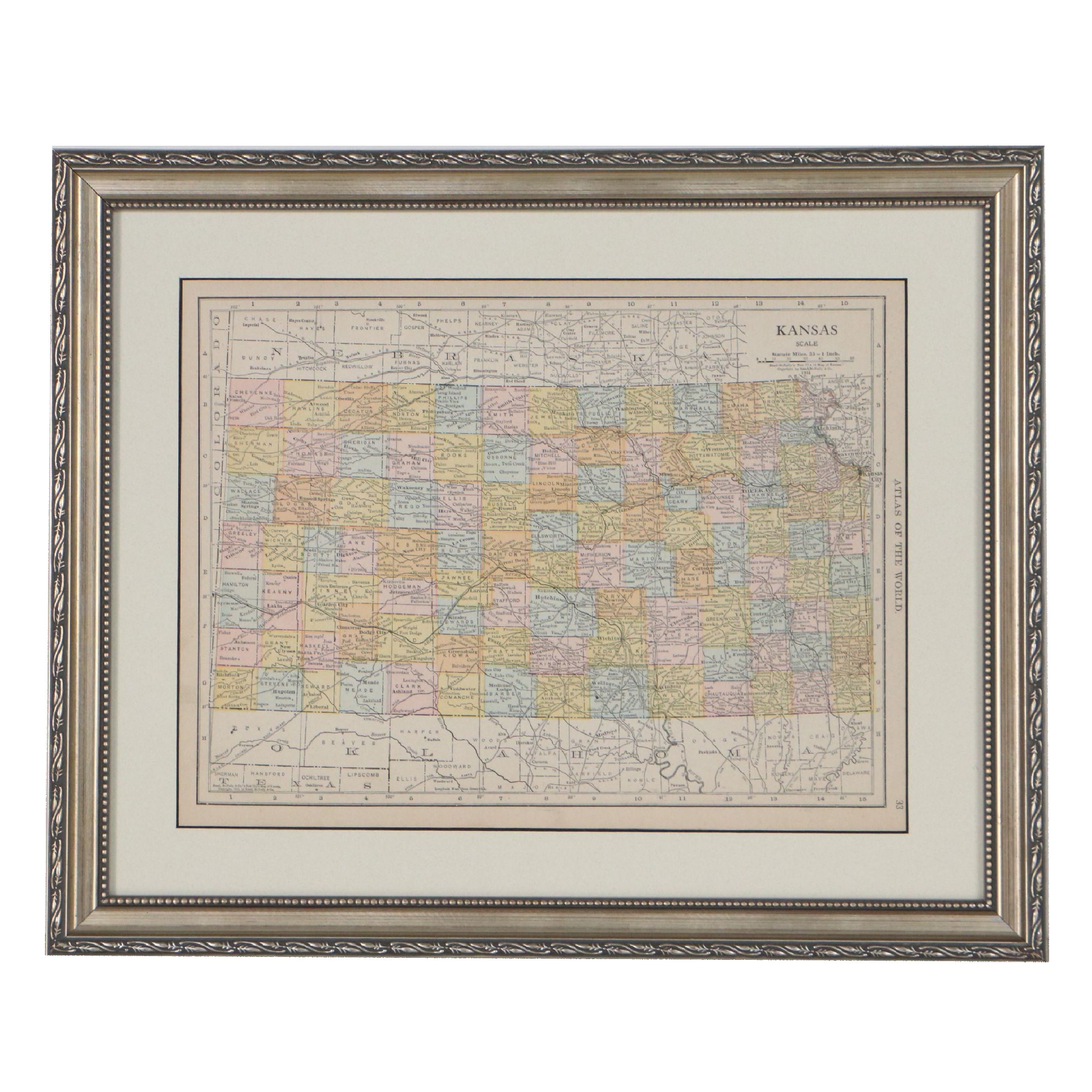 Rand McNally & Co. Wax Engraving Map of Kansas, Circa 1914 | EBTH