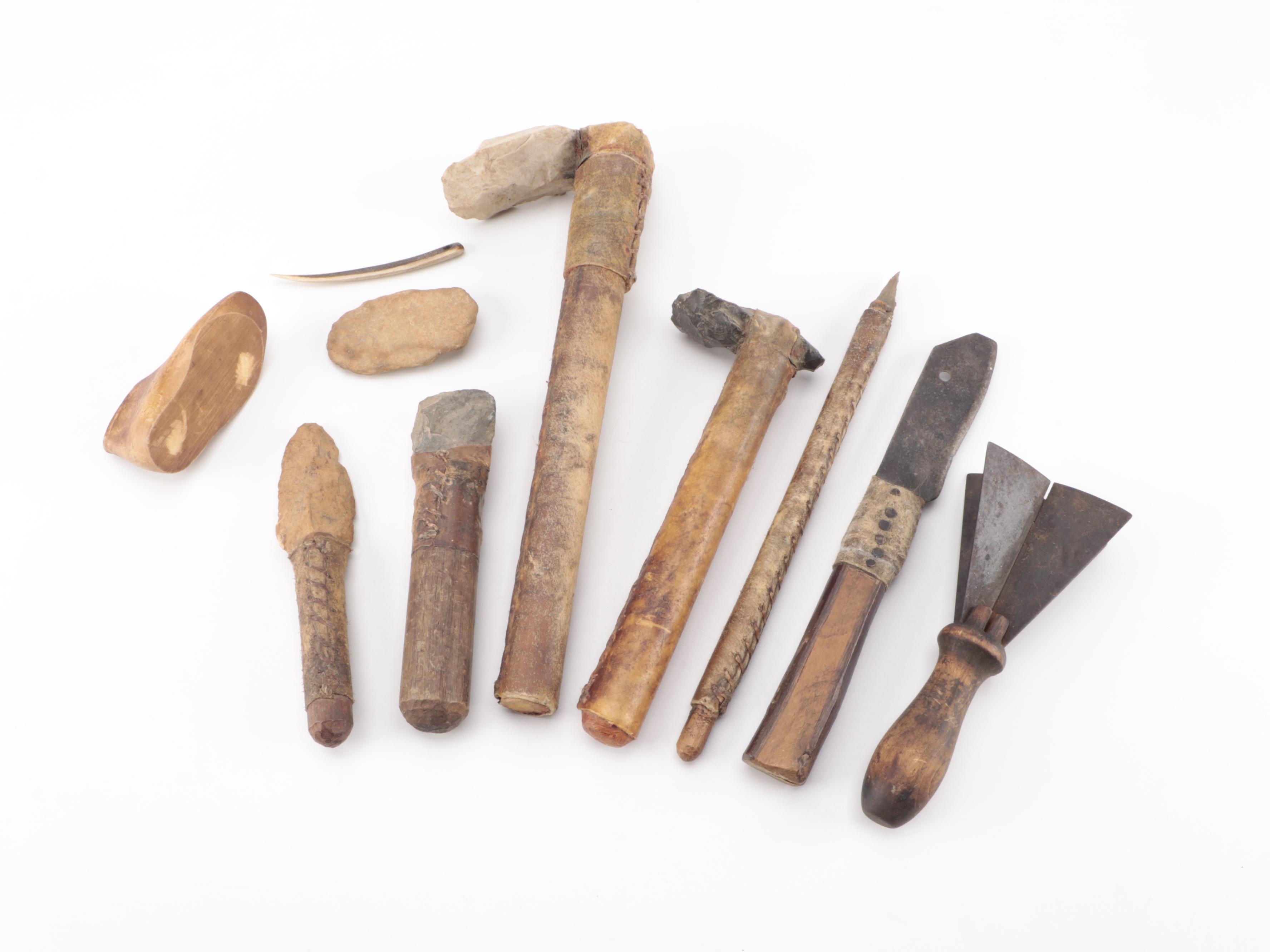 Hide Wrapped Wood Handled Stone Adzes, Drill, Scraper, With Bone Awl ...