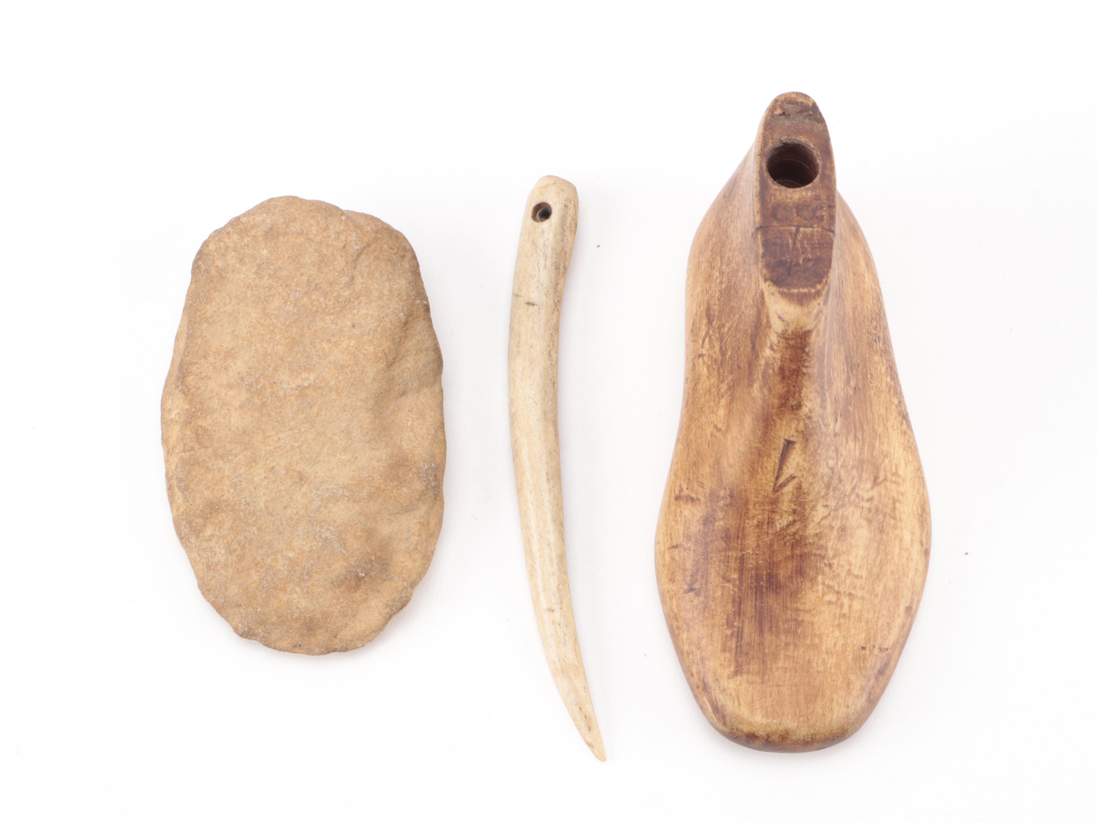 Hide Wrapped Wood Handled Stone Adzes, Drill, Scraper, With Bone Awl ...