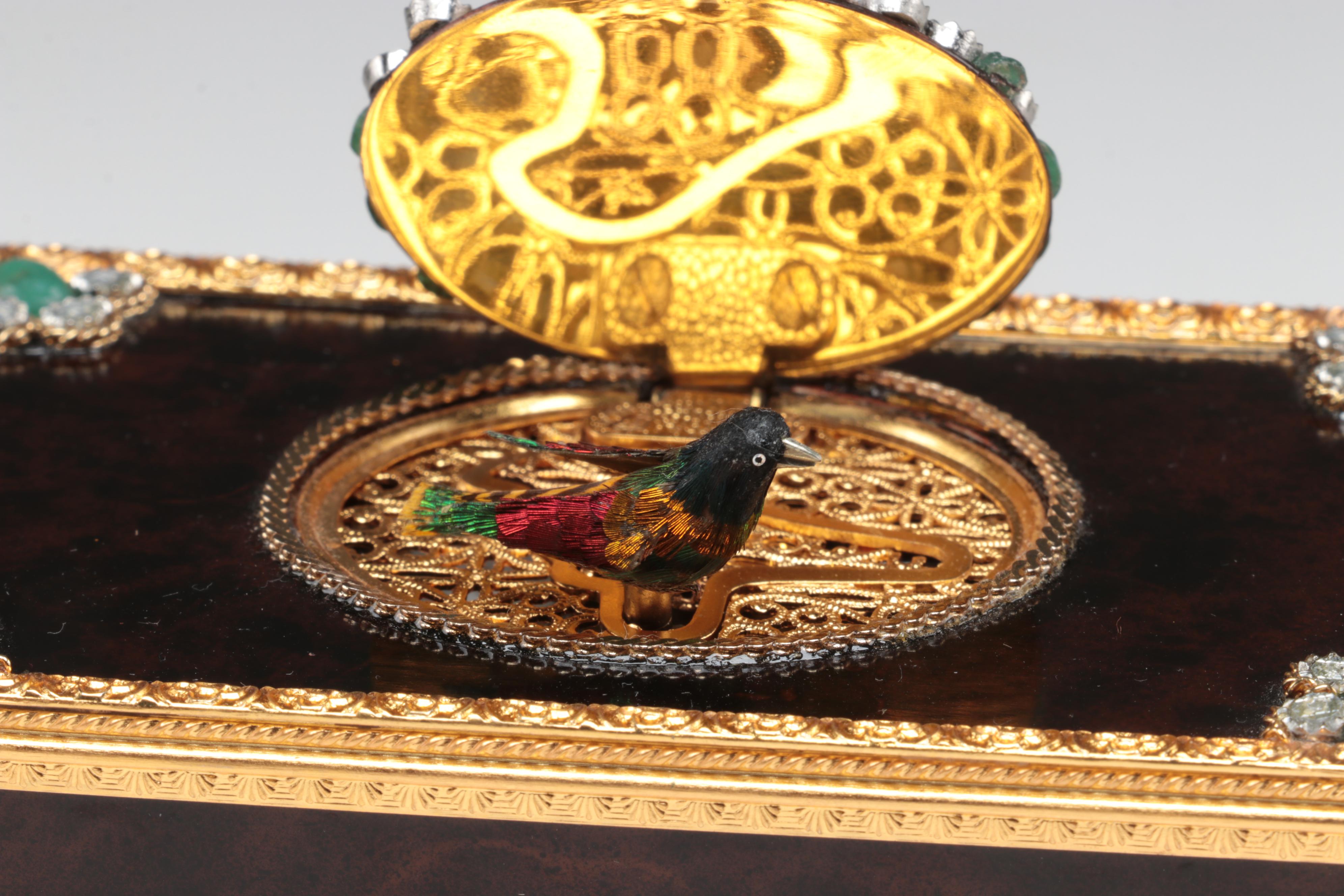 Reuge Automaton Singing Bird Music Box with 14K, Diamond, and Emerald ...