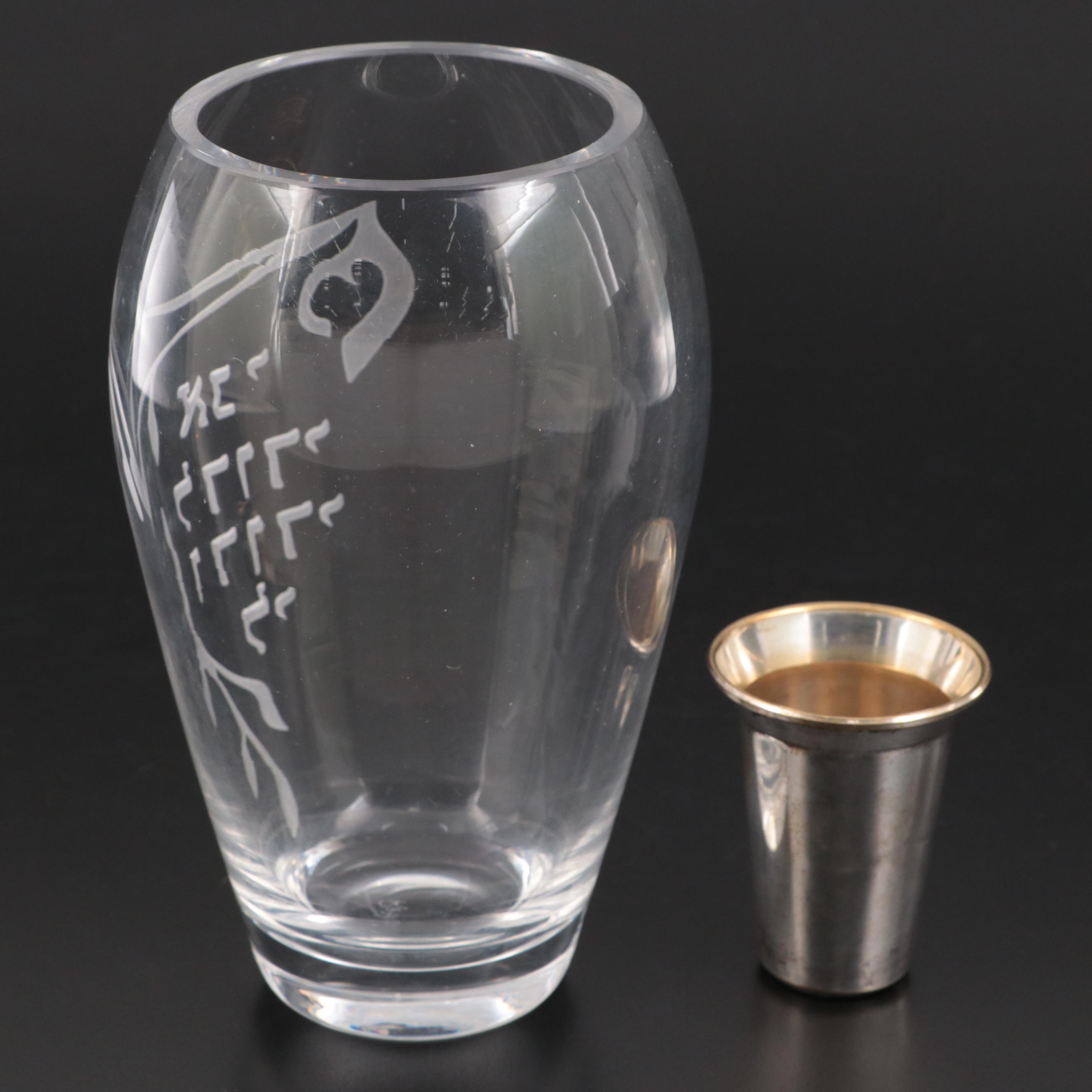 Hebrew Ceremonial Glass Vase and Silver Plate Blessing Cup | EBTH