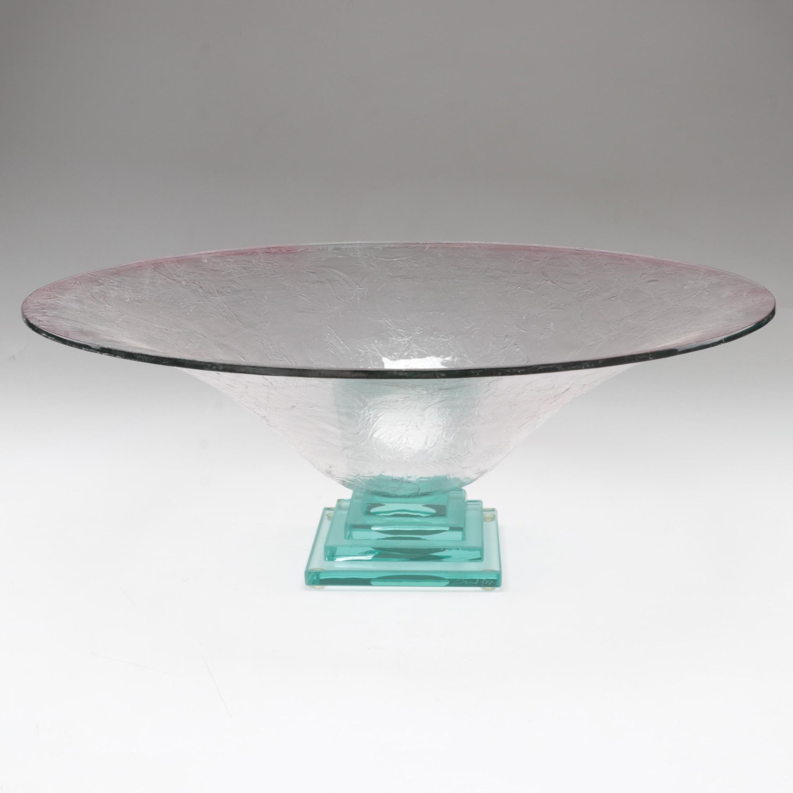 Signed Pink Textured Ice Glass Bowl with Graduated Green Plate Glass ...