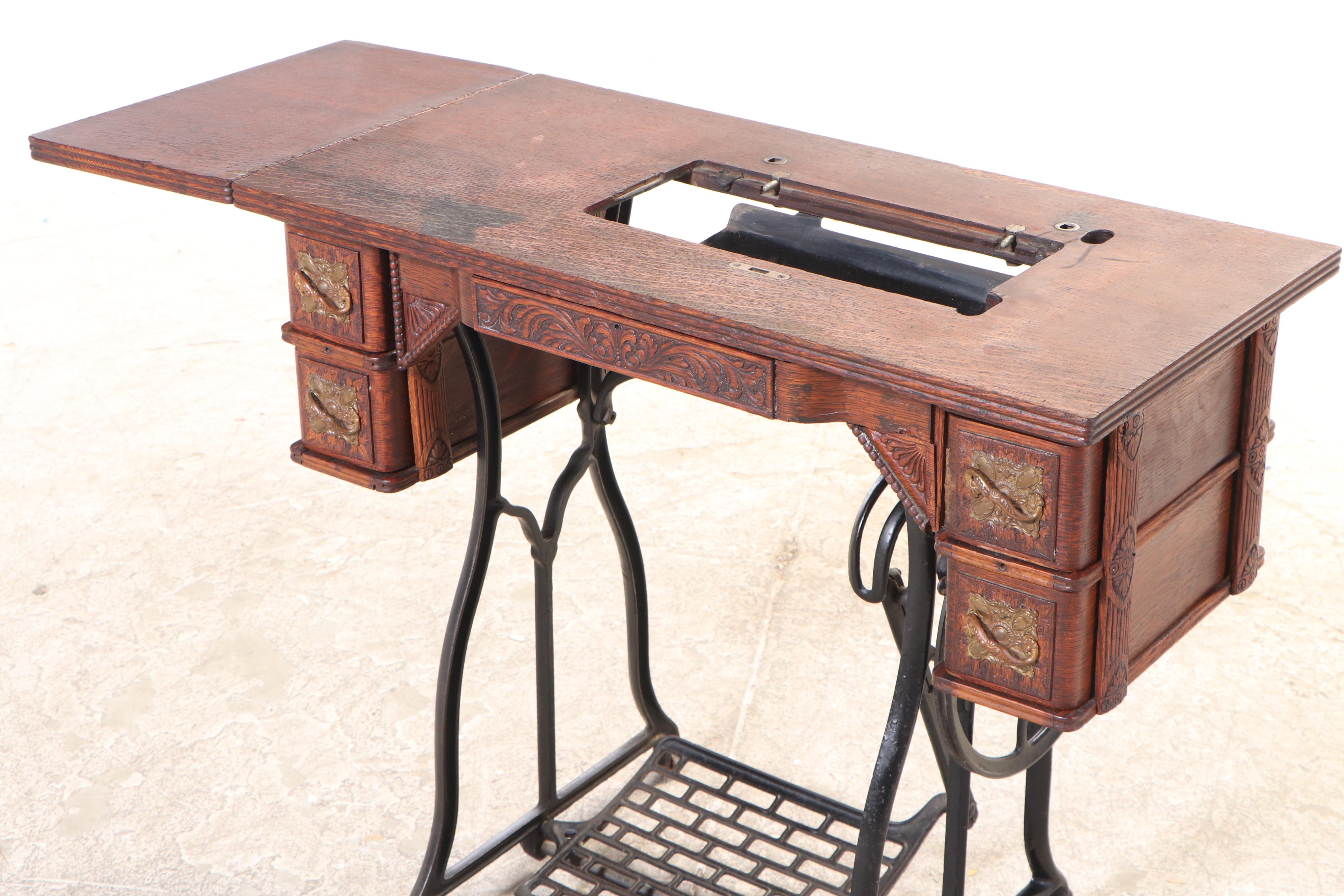 Wheeler & Wilson Press-Decorated Oak and Cast Iron Sewing Machine Table ...