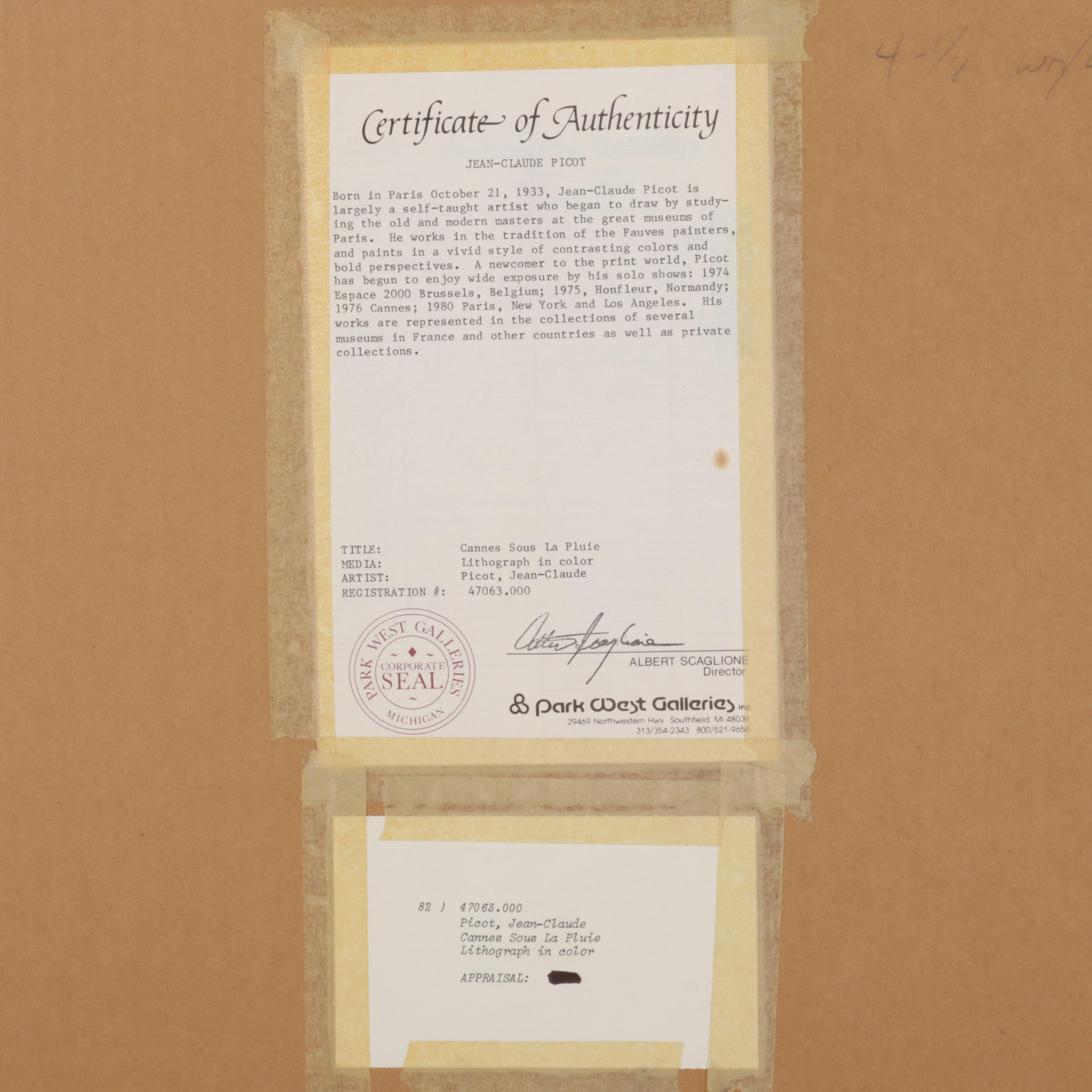 Jean-Claude Picot Color Lithograph "Cannes sous le pluie" | EBTH