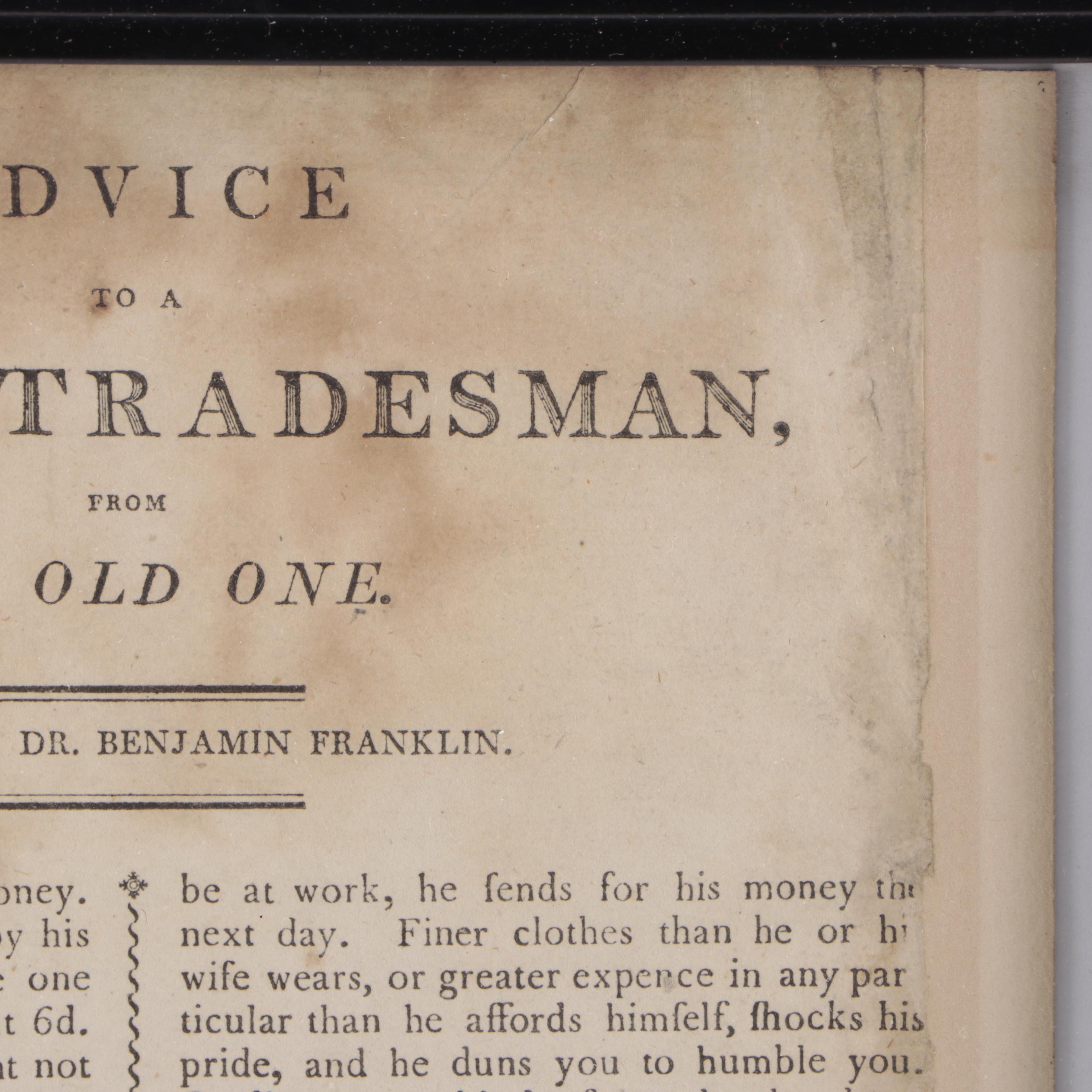 Benjamin Franklin Broadside "Advice to a Young Tradesman, from An Old ...