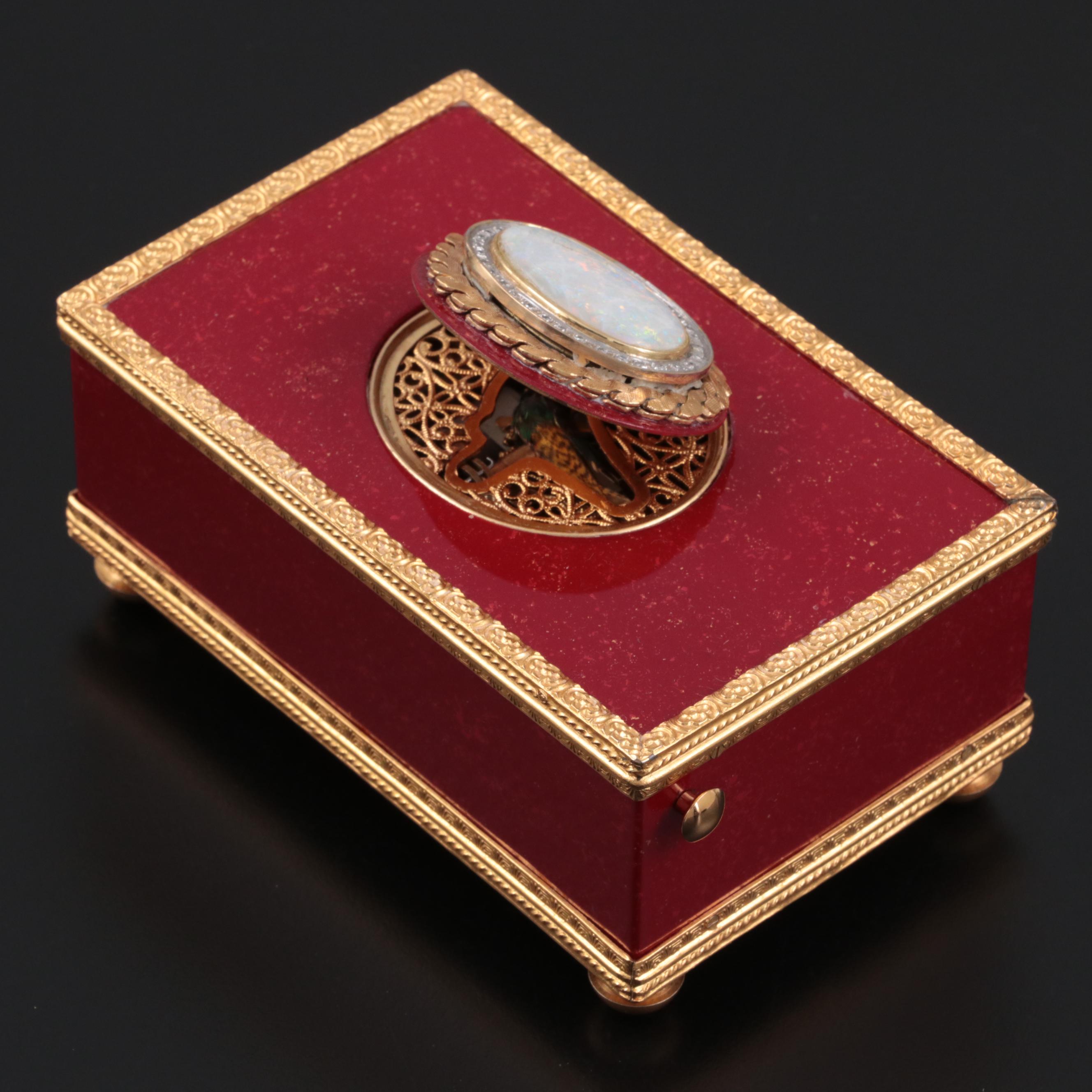Reuge Automaton Singing Bird Music Box with 10K Gold, Opal and Diamond ...