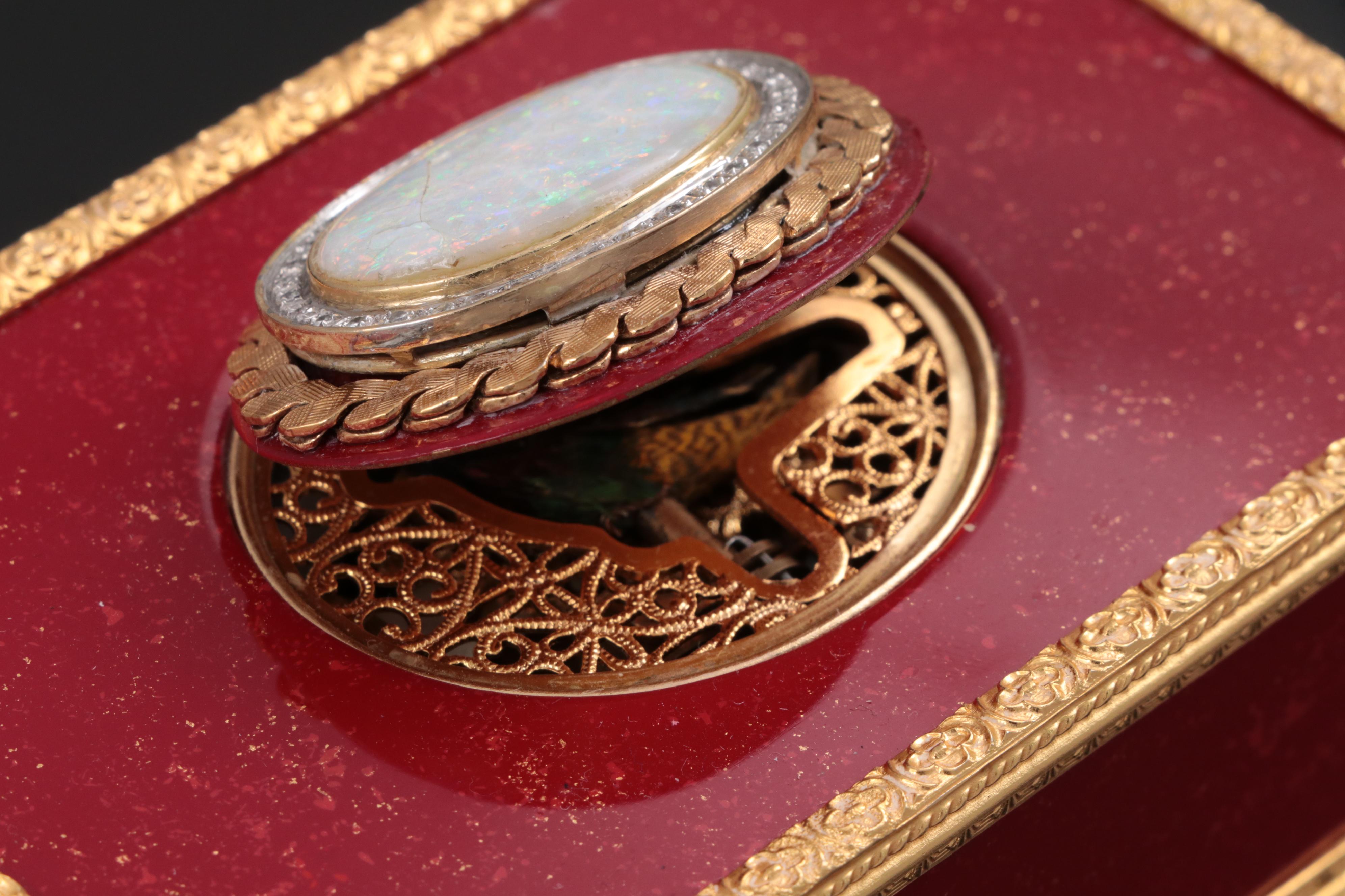 Reuge Automaton Singing Bird Music Box with 10K Gold, Opal and Diamond ...