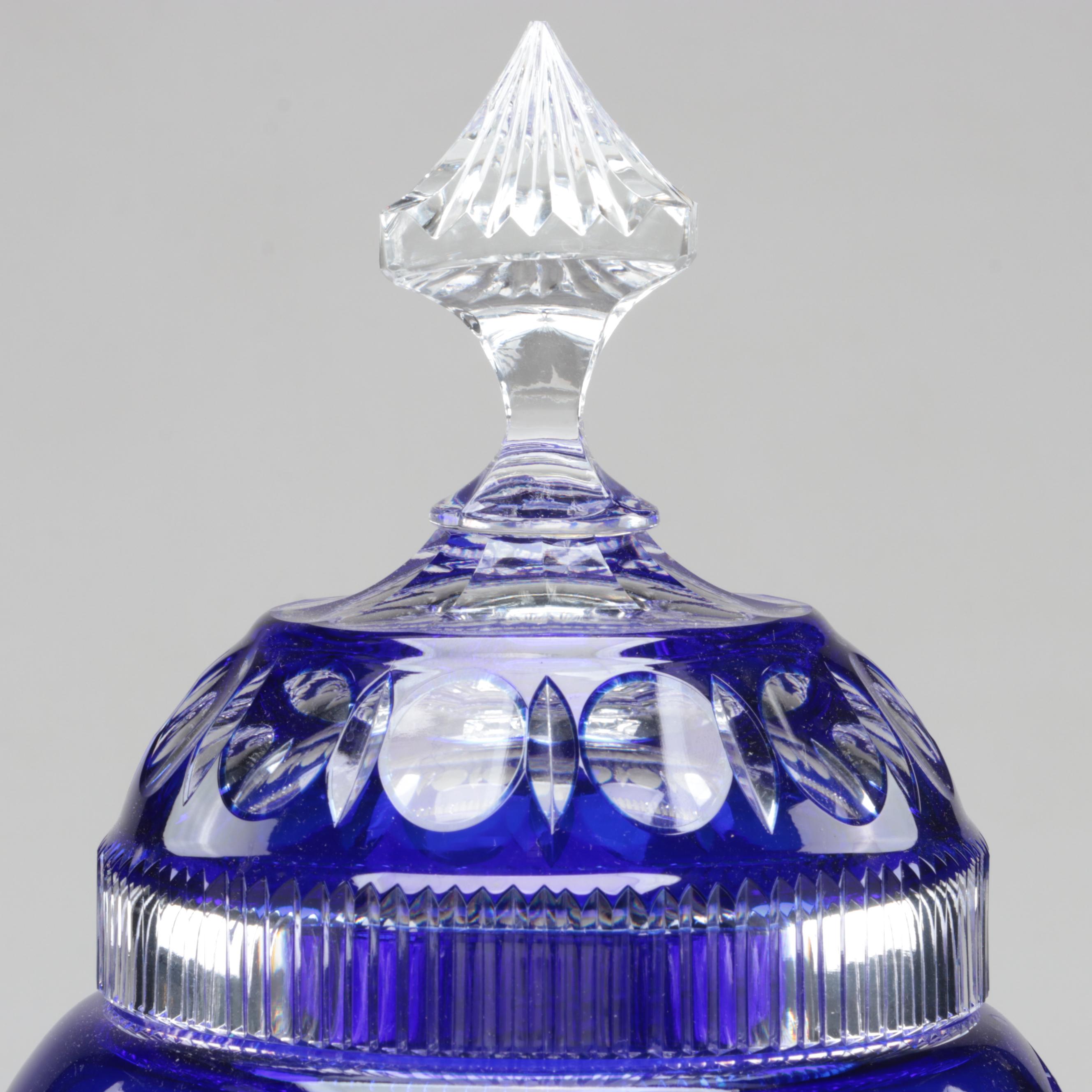 Imperlux Bohemian Cobalt Blue Cut to Clear Stag and Grouse Glass Lidded ...