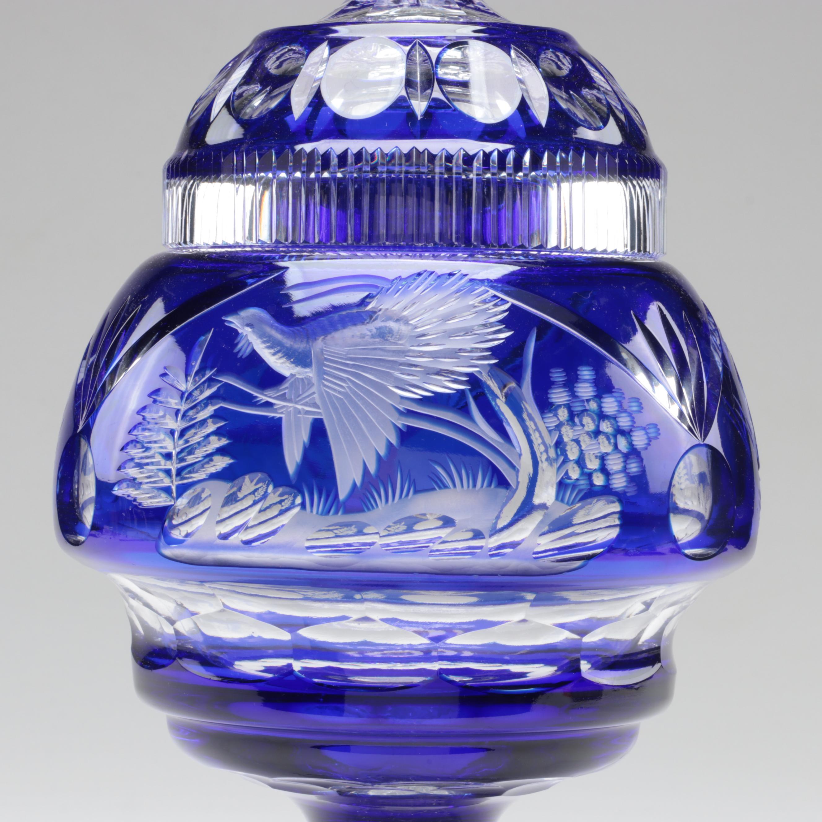 Imperlux Bohemian Cobalt Blue Cut to Clear Stag and Grouse Glass Lidded ...