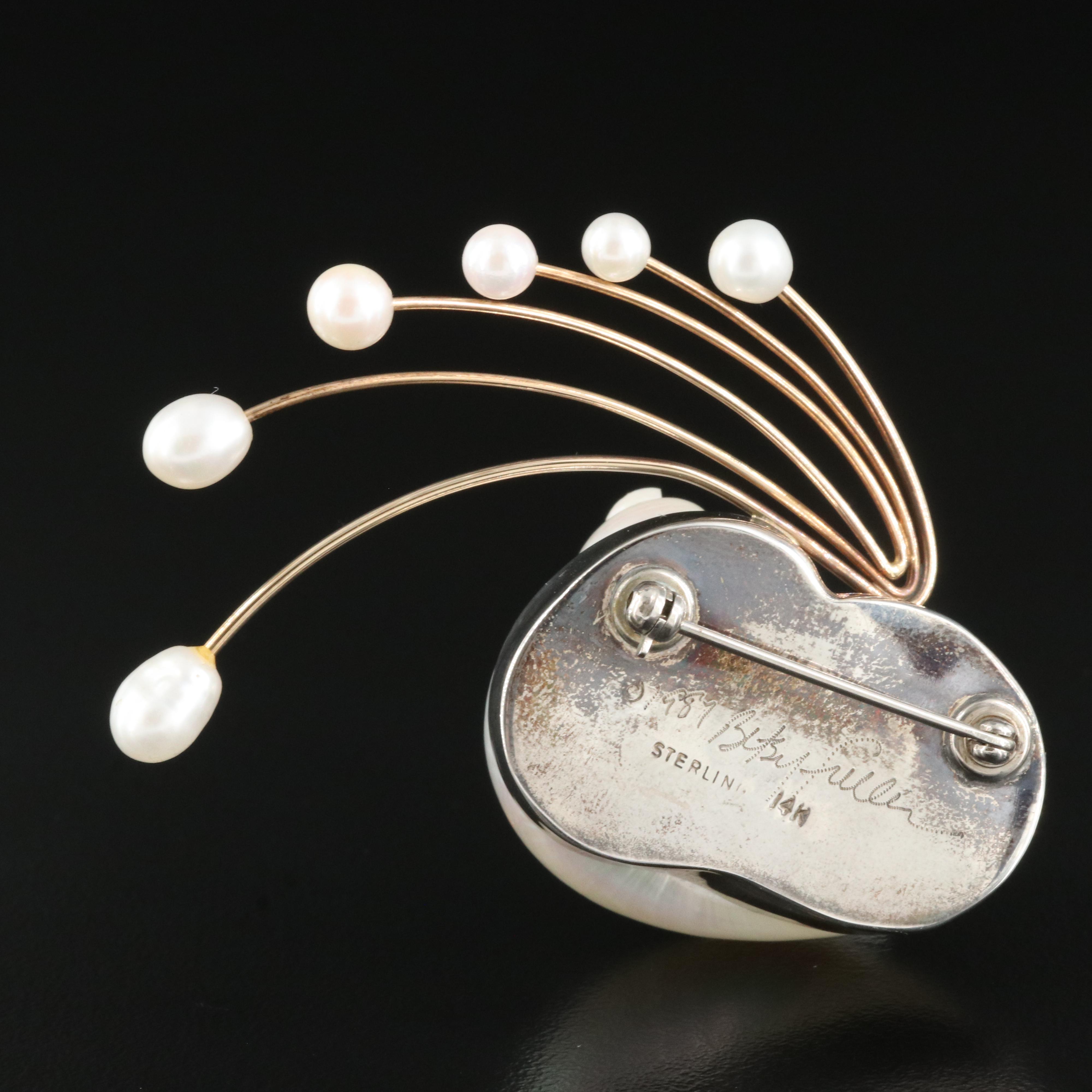 1987 Betsy Fuller Sterling, 14K, Shell and Pearl Spray Brooch | EBTH