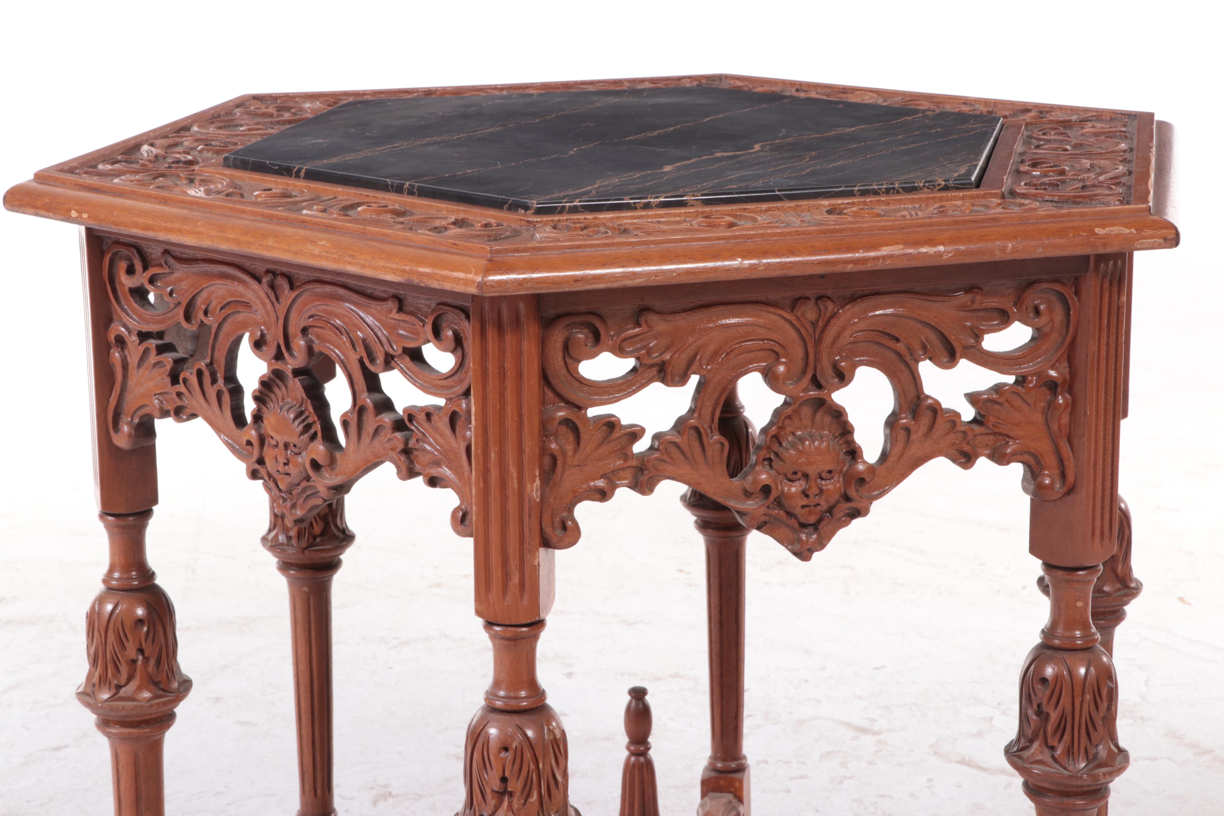 Italian Carved Walnut and Marble Hexagonal Center Table | EBTH