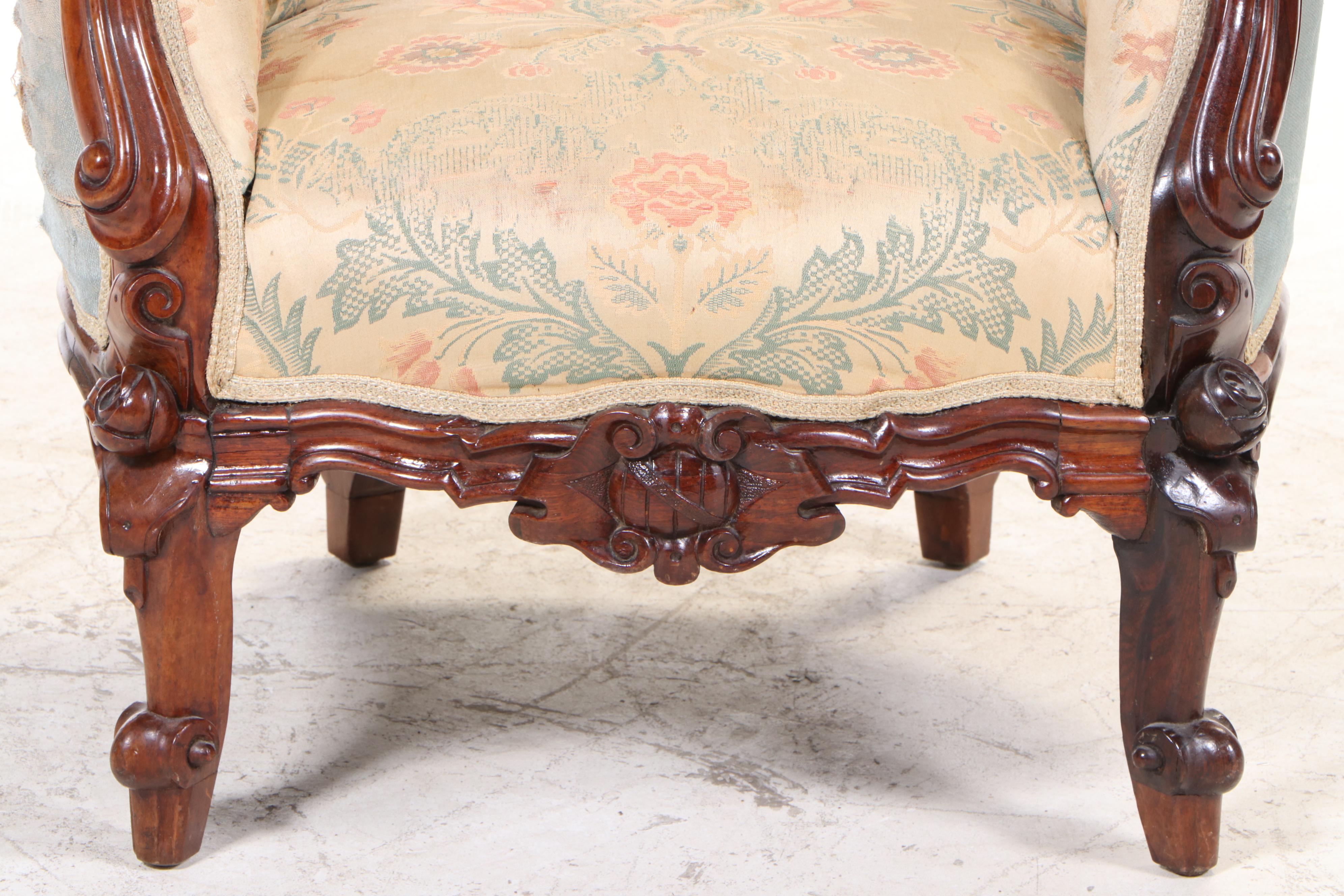 American Rococo Revival Carved Rosewood and Buttoned-Down Armchair | EBTH