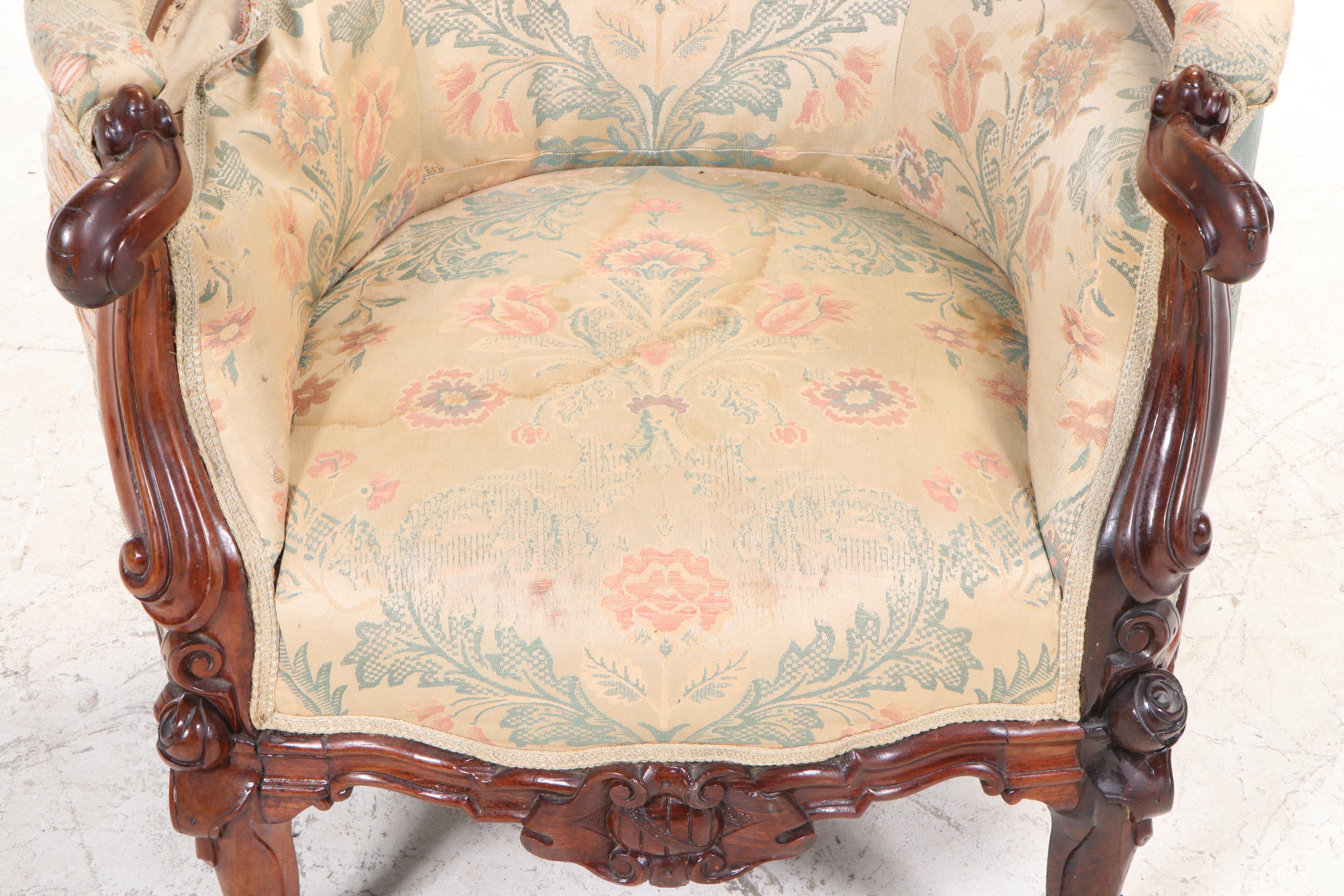 American Rococo Revival Carved Rosewood and Buttoned-Down Armchair | EBTH
