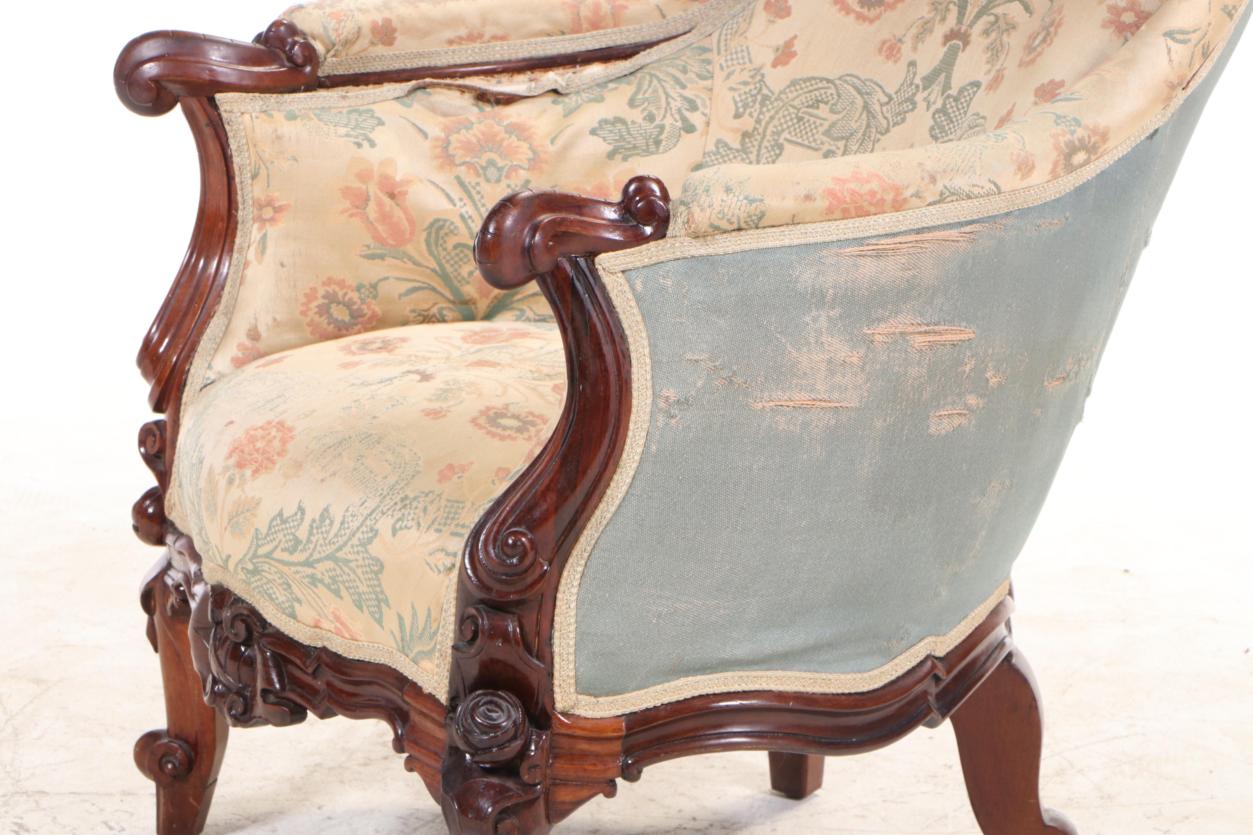 American Rococo Revival Carved Rosewood and Buttoned-Down Armchair | EBTH