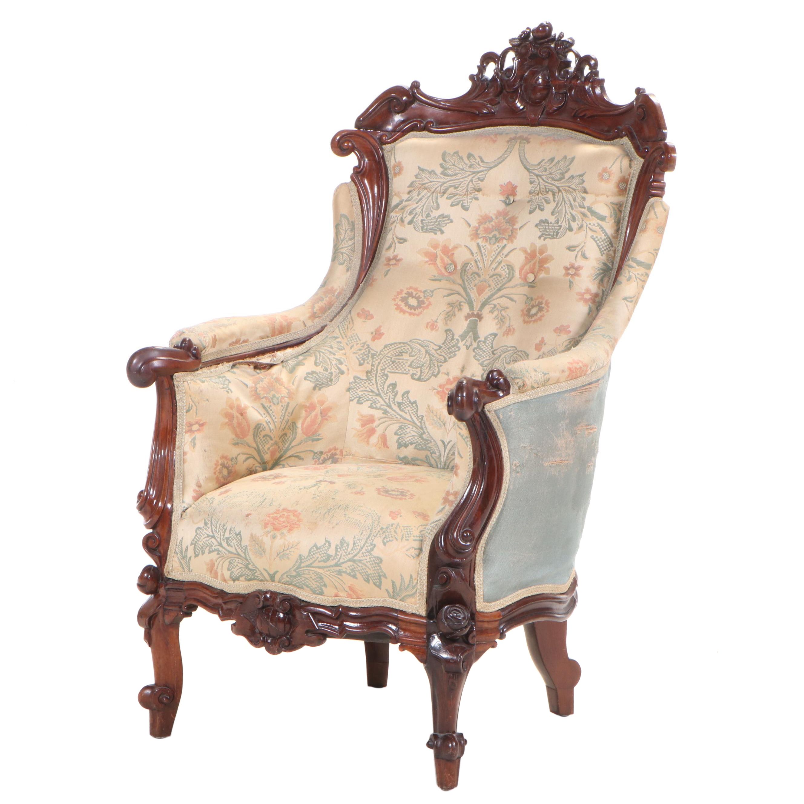 American Rococo Revival Carved Rosewood and Buttoned-Down Armchair | EBTH