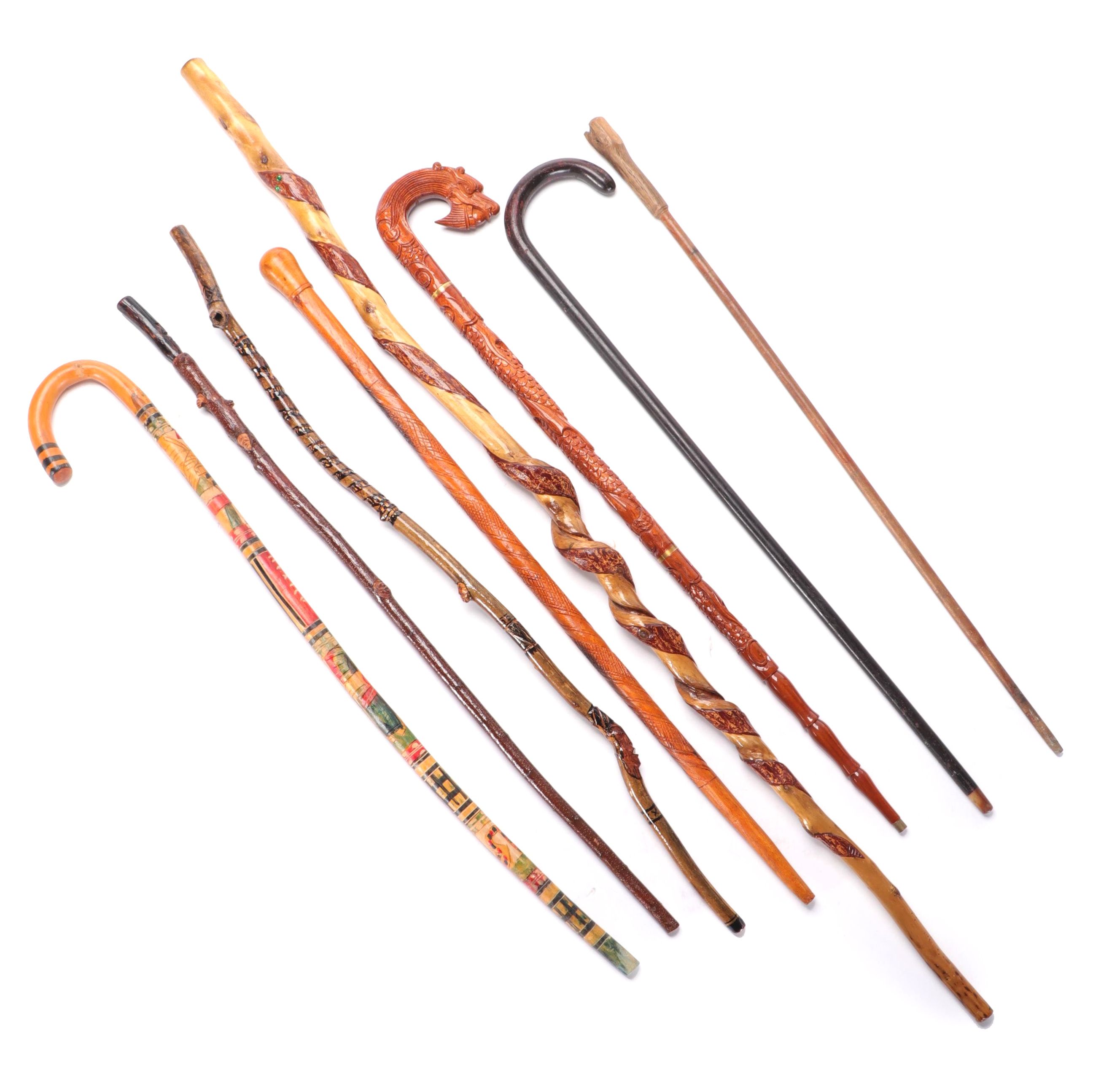 Carved Wooden Crook Handle and Knob Handle Canes and Walking Sticks | EBTH