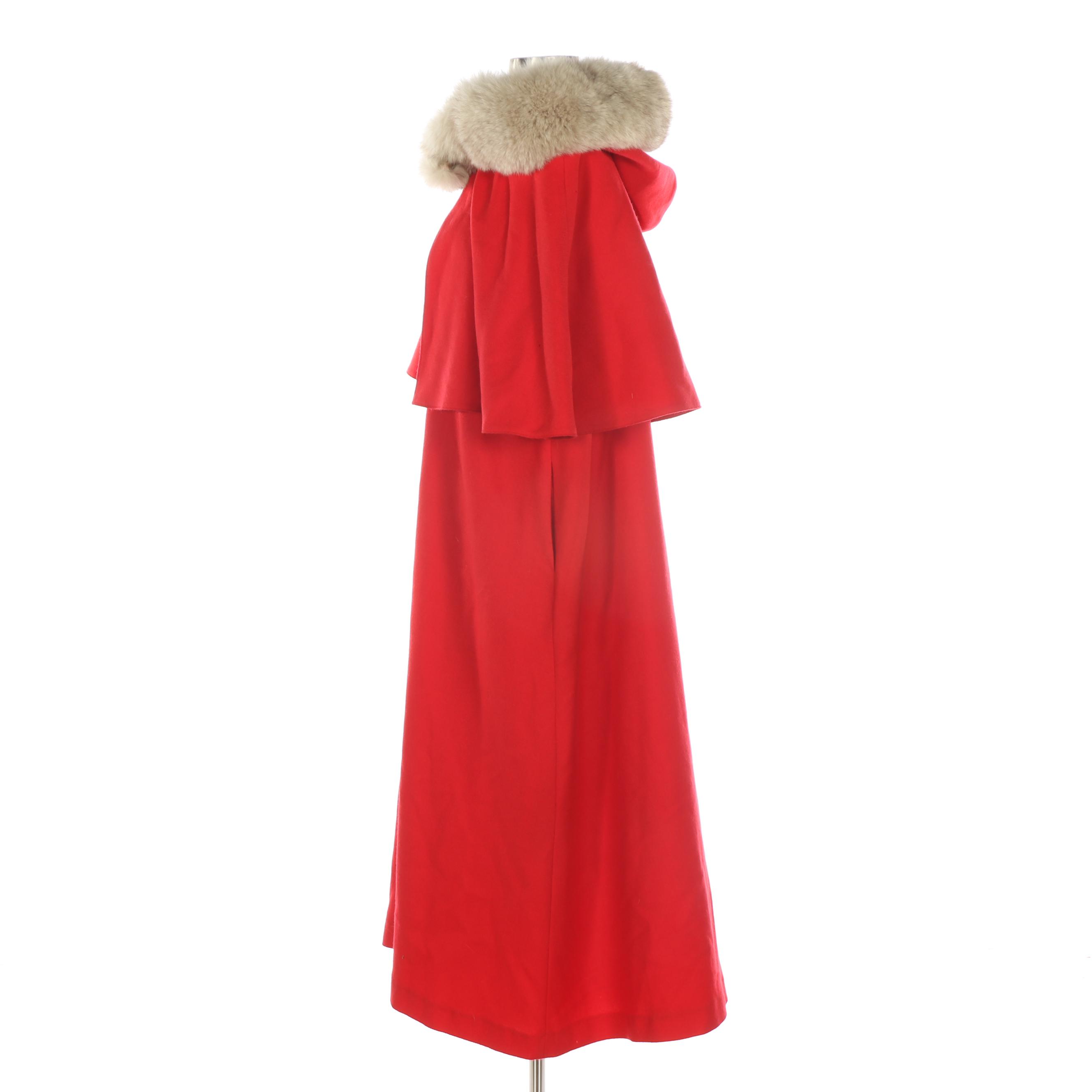 King Jones Red Wool Cape with Fox Fur Trimmed Hood | EBTH