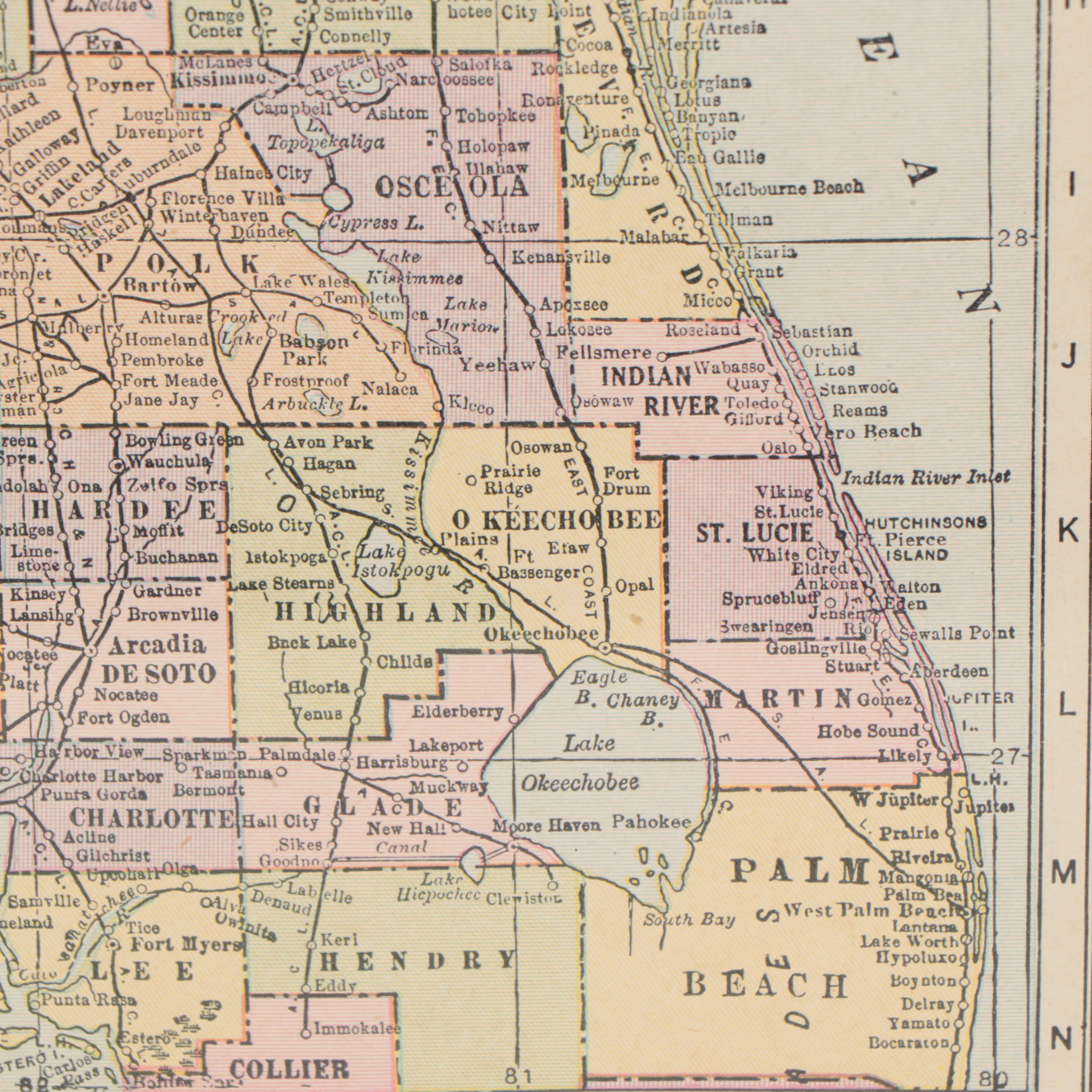The Geographical Pub. Co. Wax Engraving Map of Florida, Early 20th ...