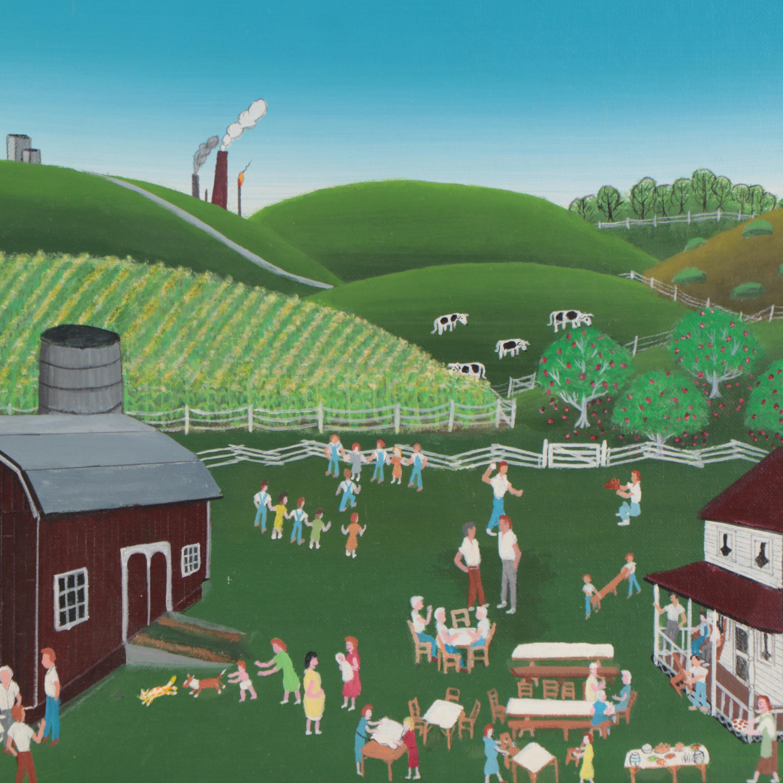 Paul Patton Folk Art Landscape Acrylic Painting of Farm Scene, 1992 | EBTH