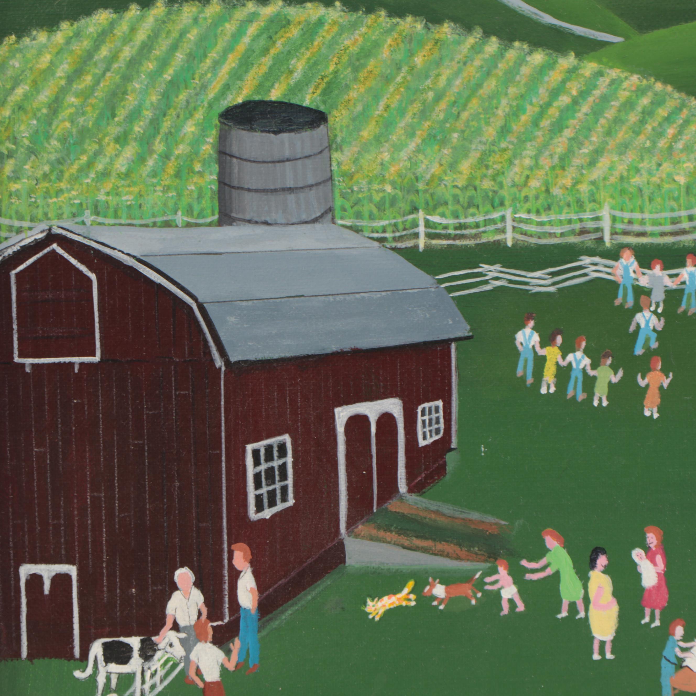 Paul Patton Folk Art Landscape Acrylic Painting of Farm Scene, 1992 | EBTH