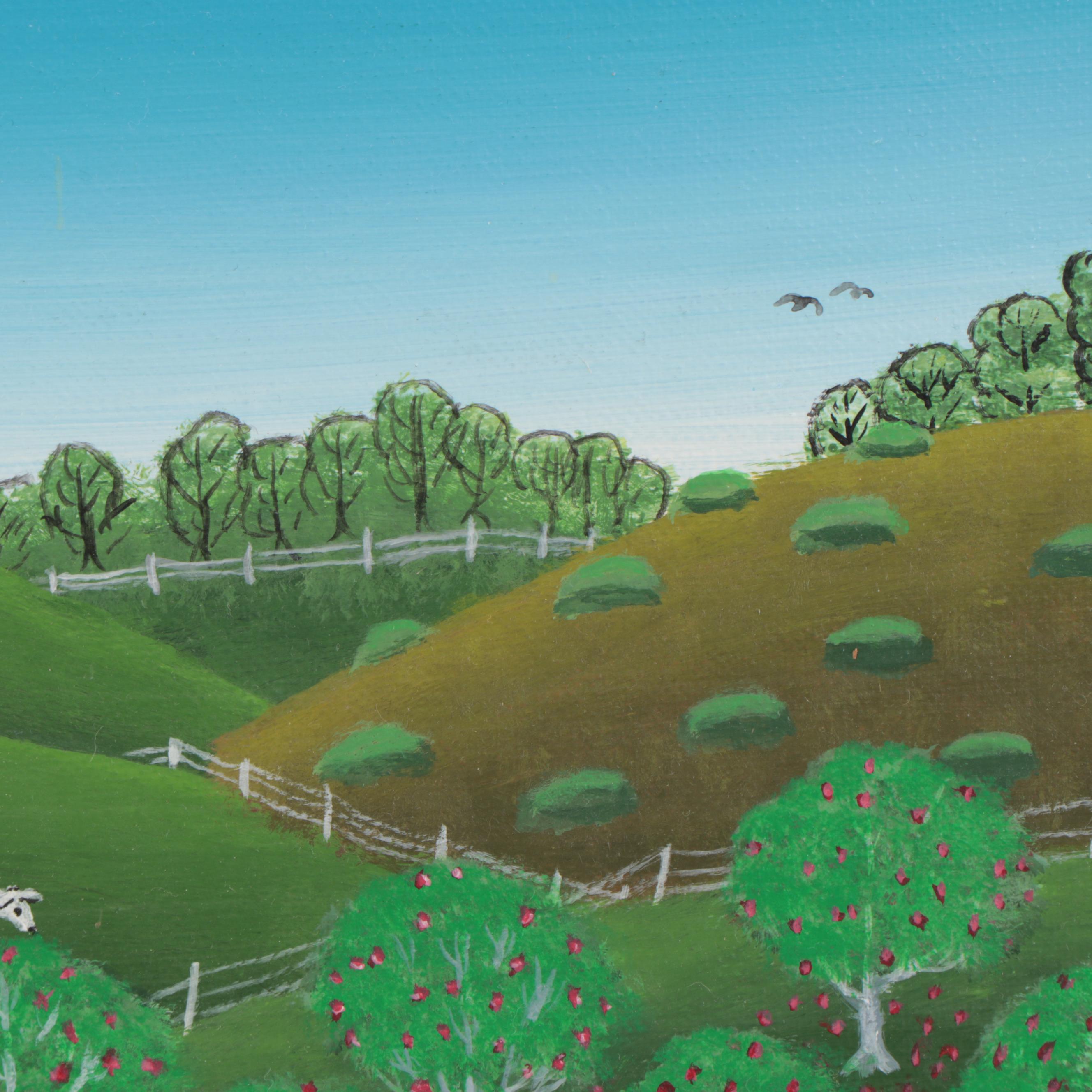 Paul Patton Folk Art Landscape Acrylic Painting of Farm Scene, 1992 | EBTH