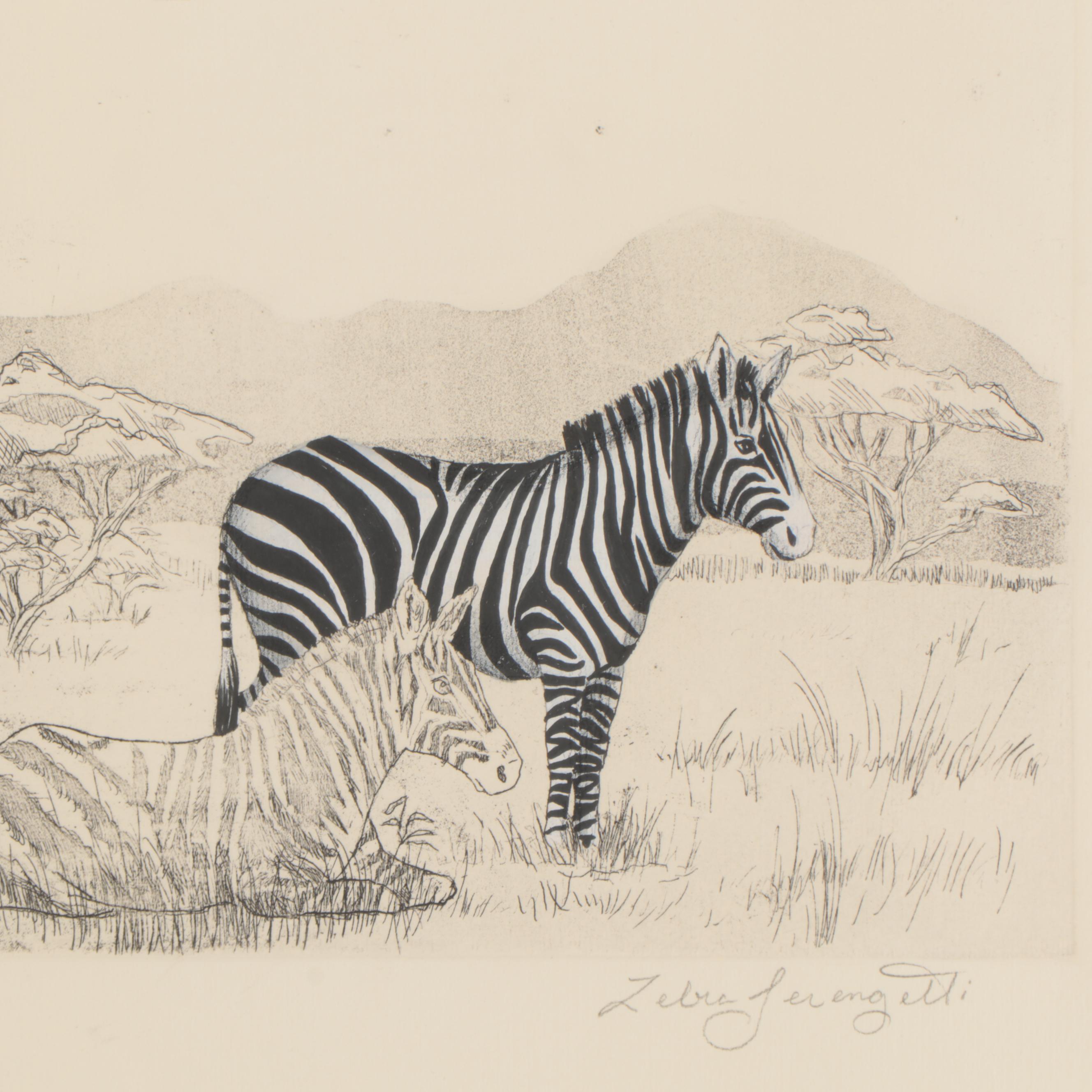 Lou Kiplinger Etching With Aquatint and Hand-Coloring "Zebra Serengetti ...