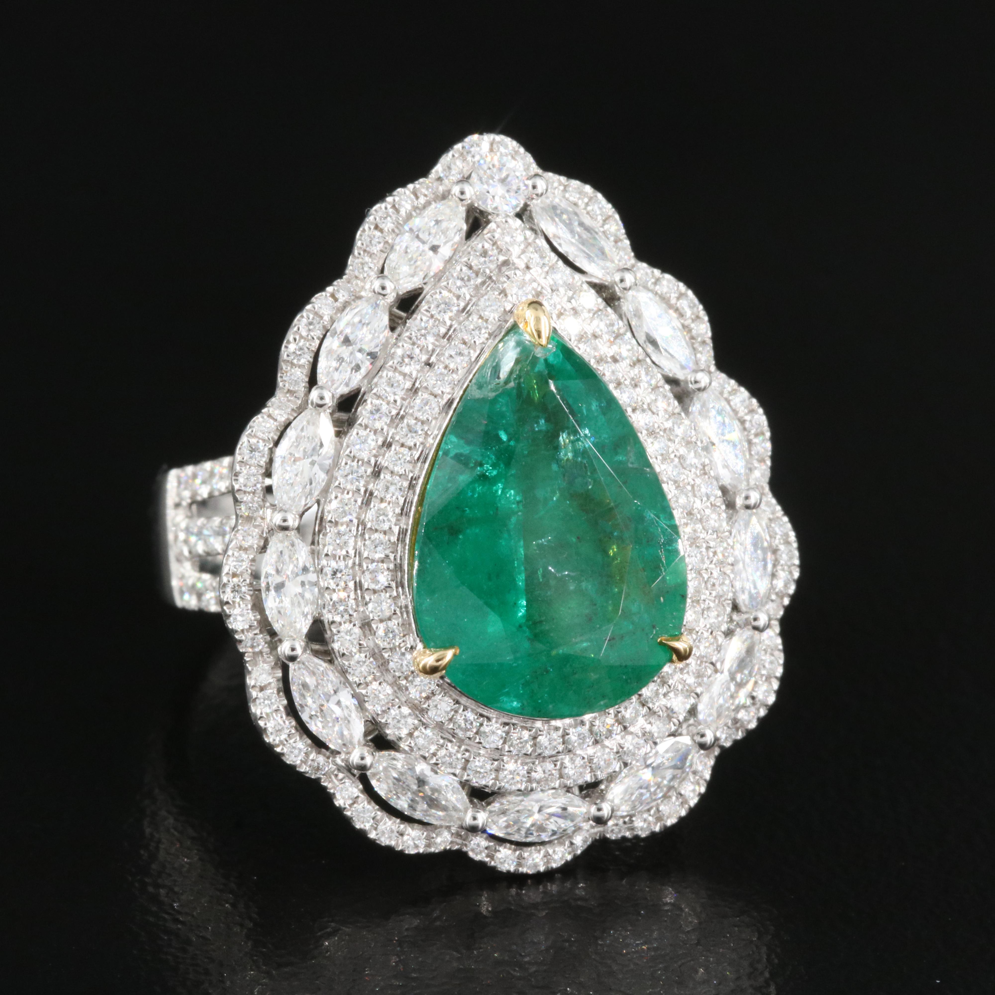18K 4.53 CT Emerald Teardrop Ring with 1.74 Diamond Scalloped Halo | EBTH