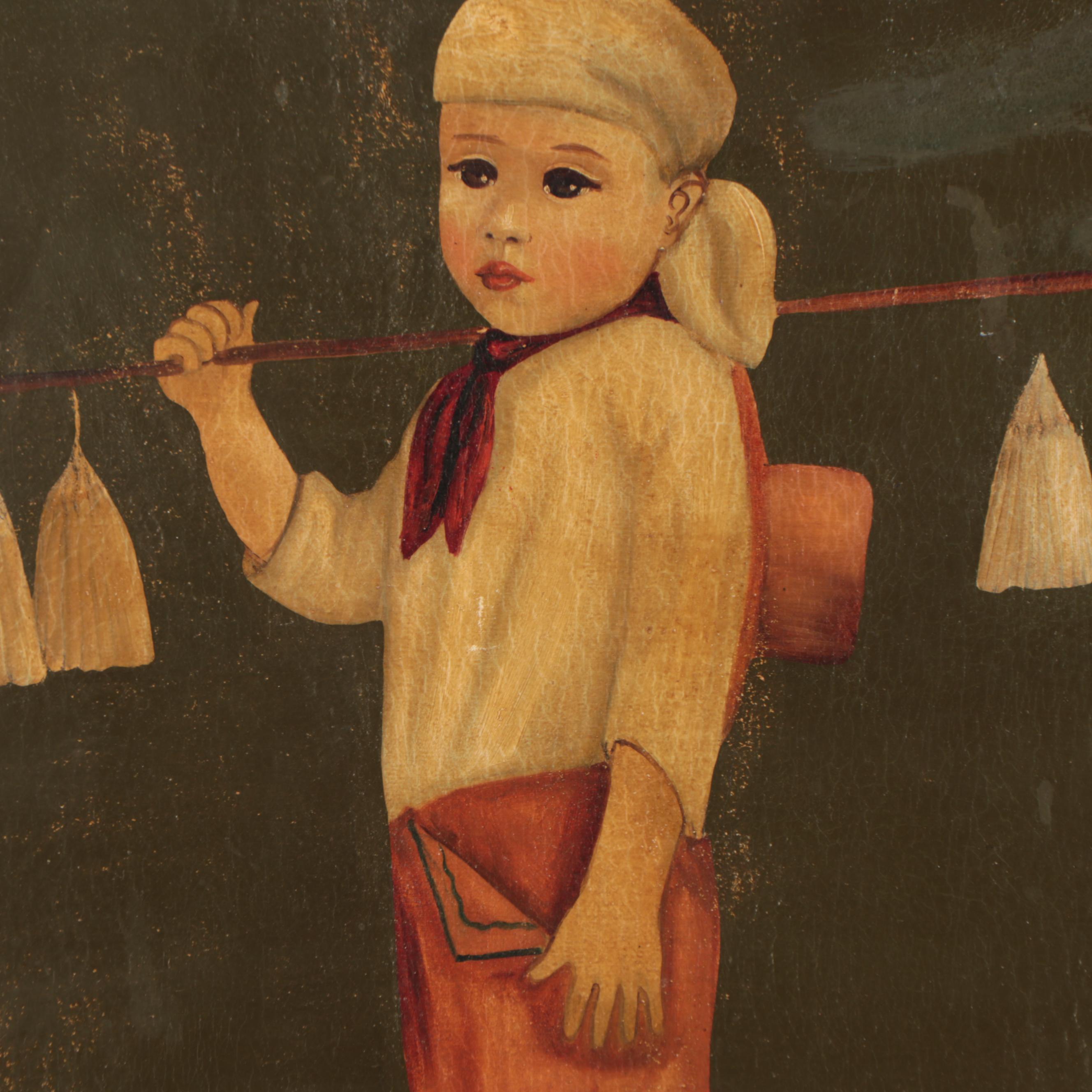 Agapito Labios Folk Art Oil Painting of Child With Turkey Leg Brooms | EBTH