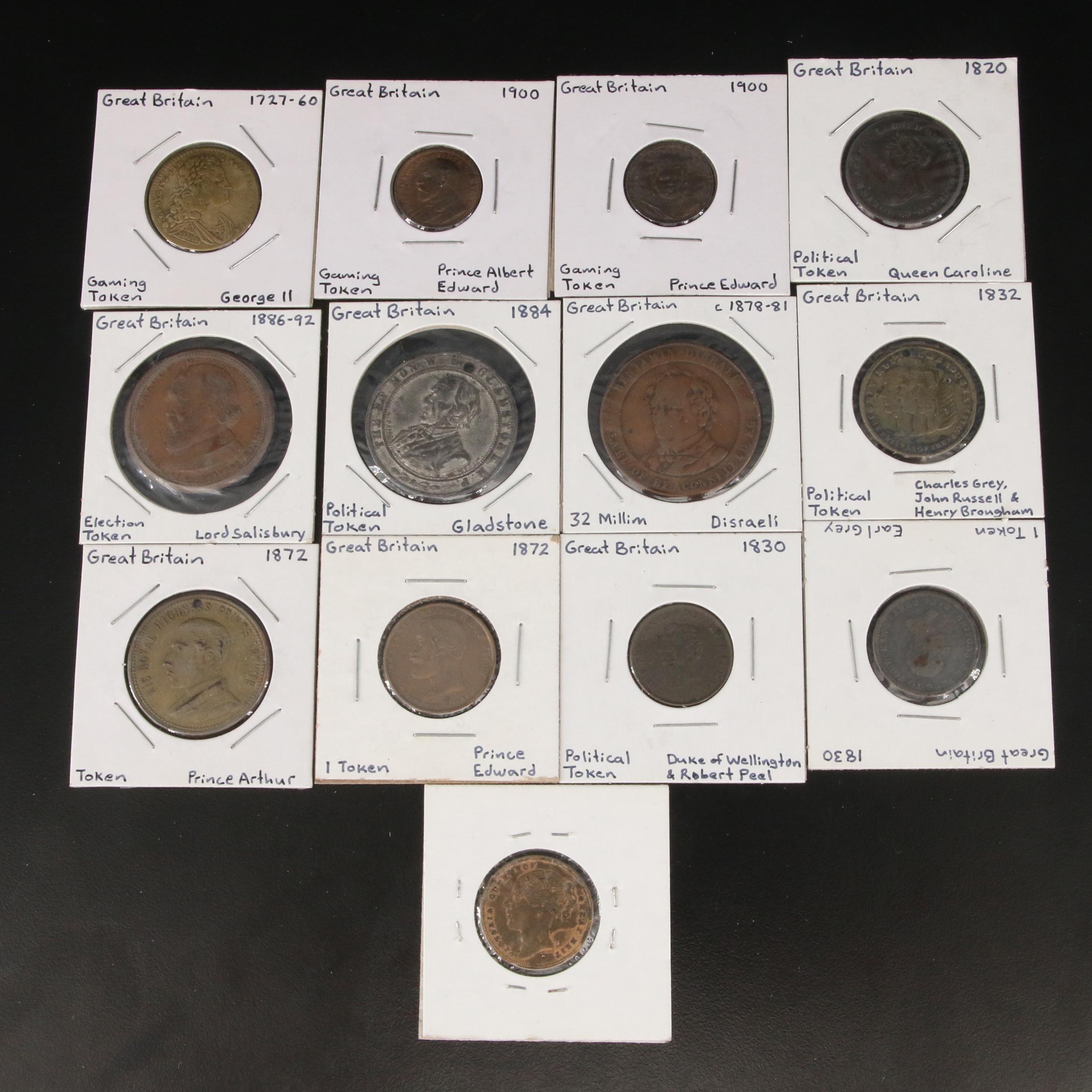 Group of Ten Great Britain Political Tokens and Three Gaming Tokens | EBTH