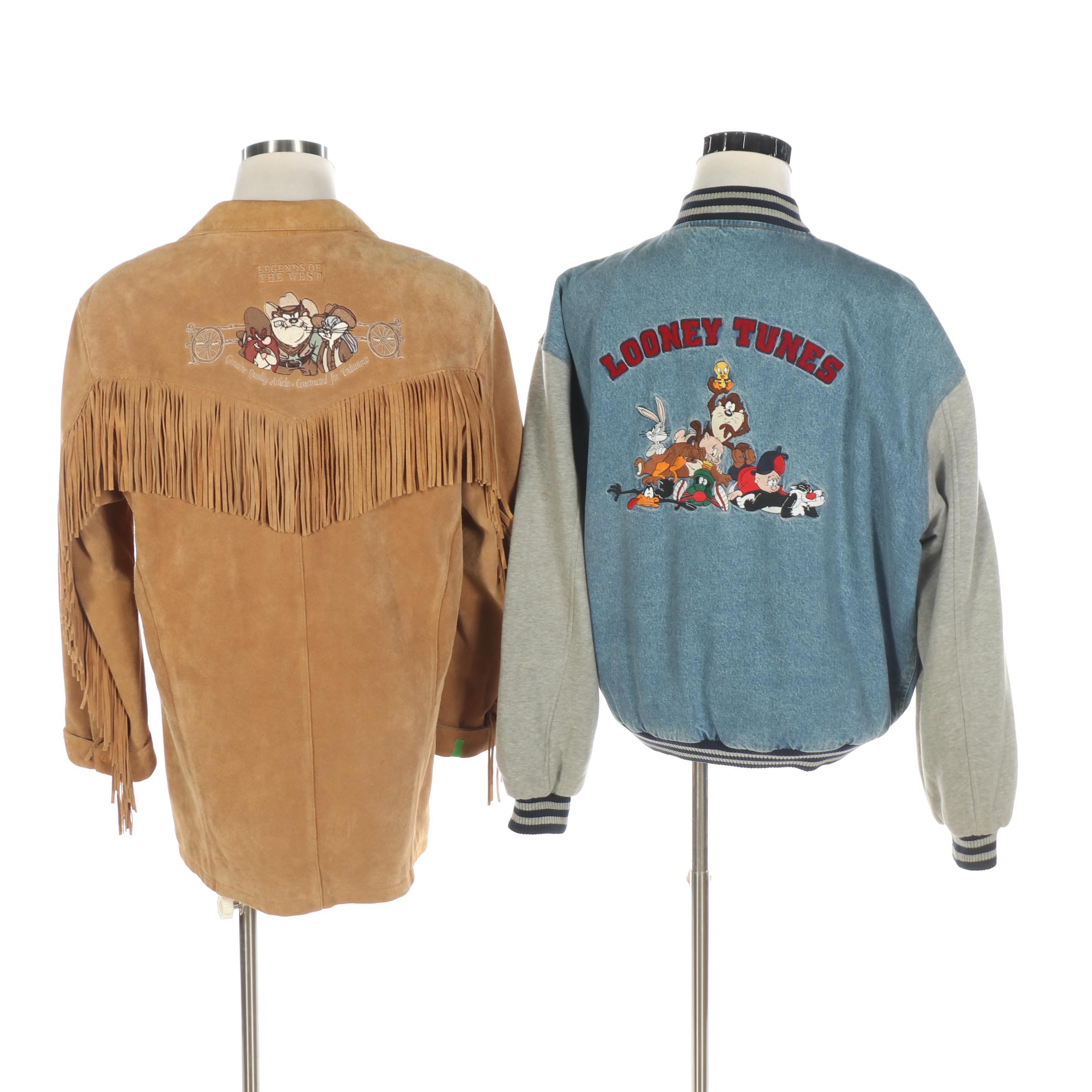 Men's Warner Bros Studio Store "Looney Tunes" Suede and Denim Letterman ...