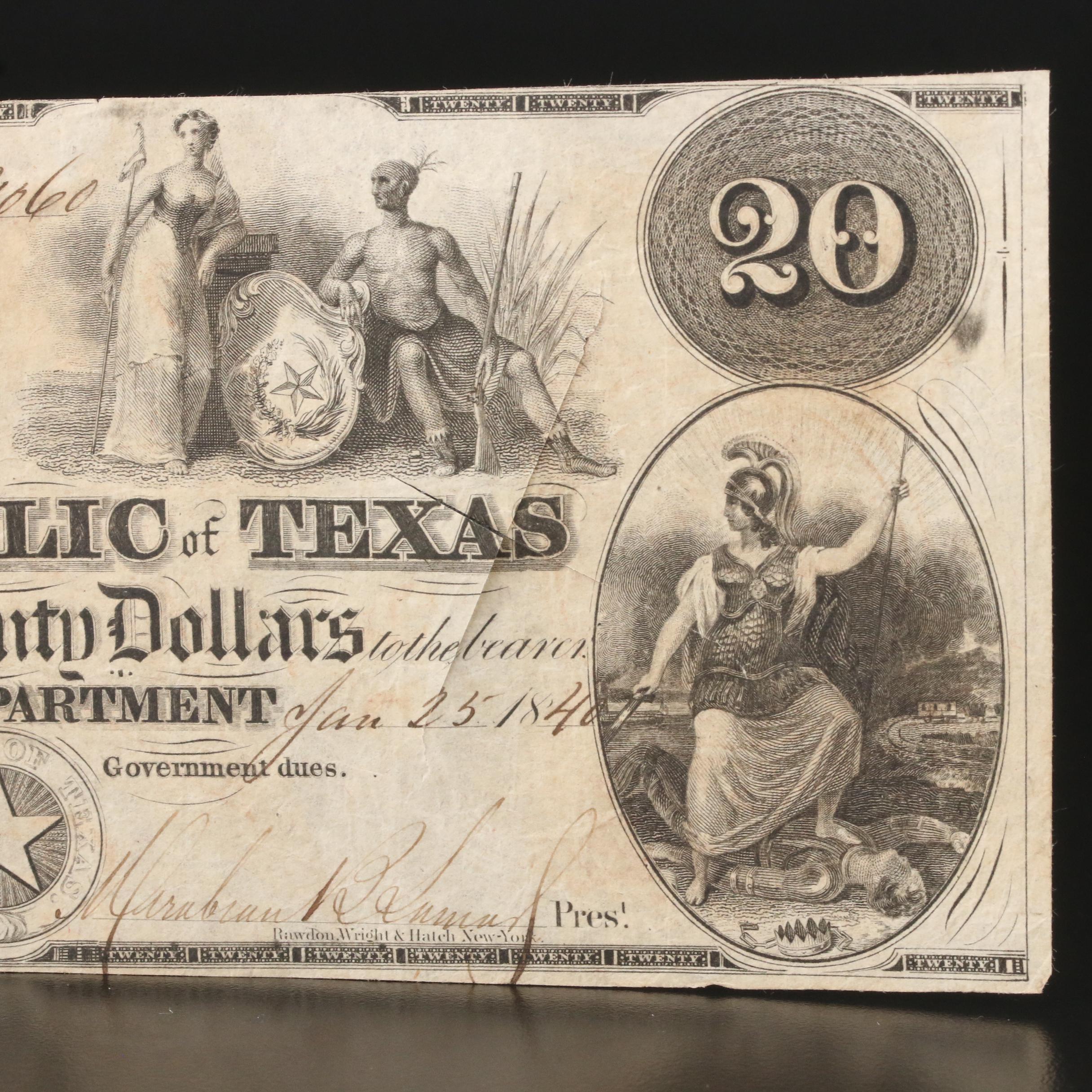 1840 $20 "Redback" Republic of Texas Obsolete Currency Note | EBTH
