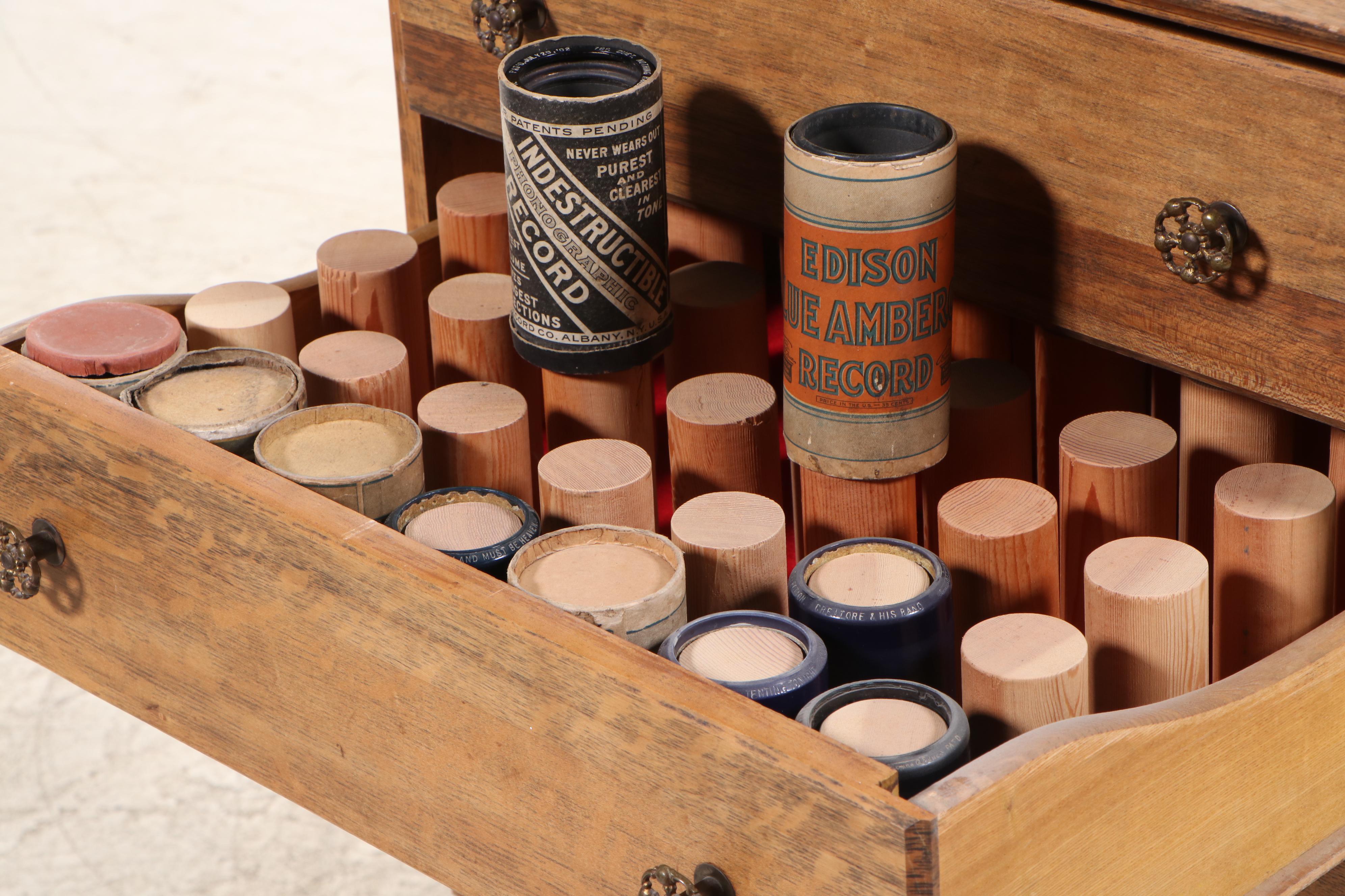 Edison Cylinder Phonograph with Oak Stand and Cylinder Rolls | EBTH