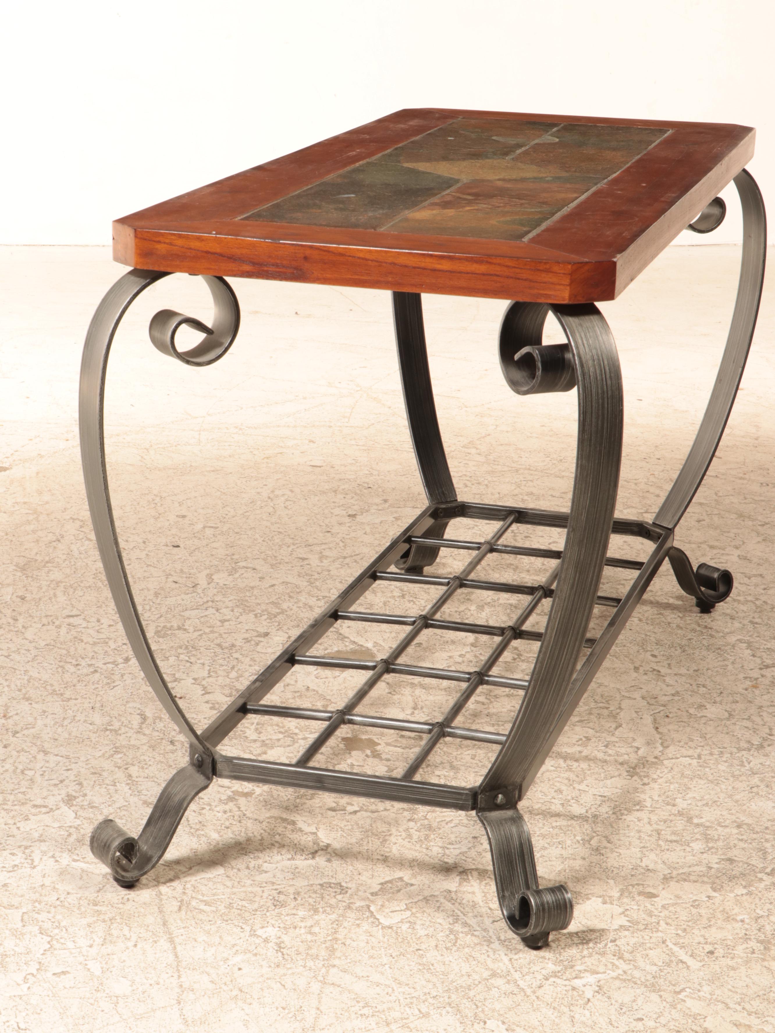 Contemporary Patinated Metal, Hardwood, and Slate Tile Console Table | EBTH