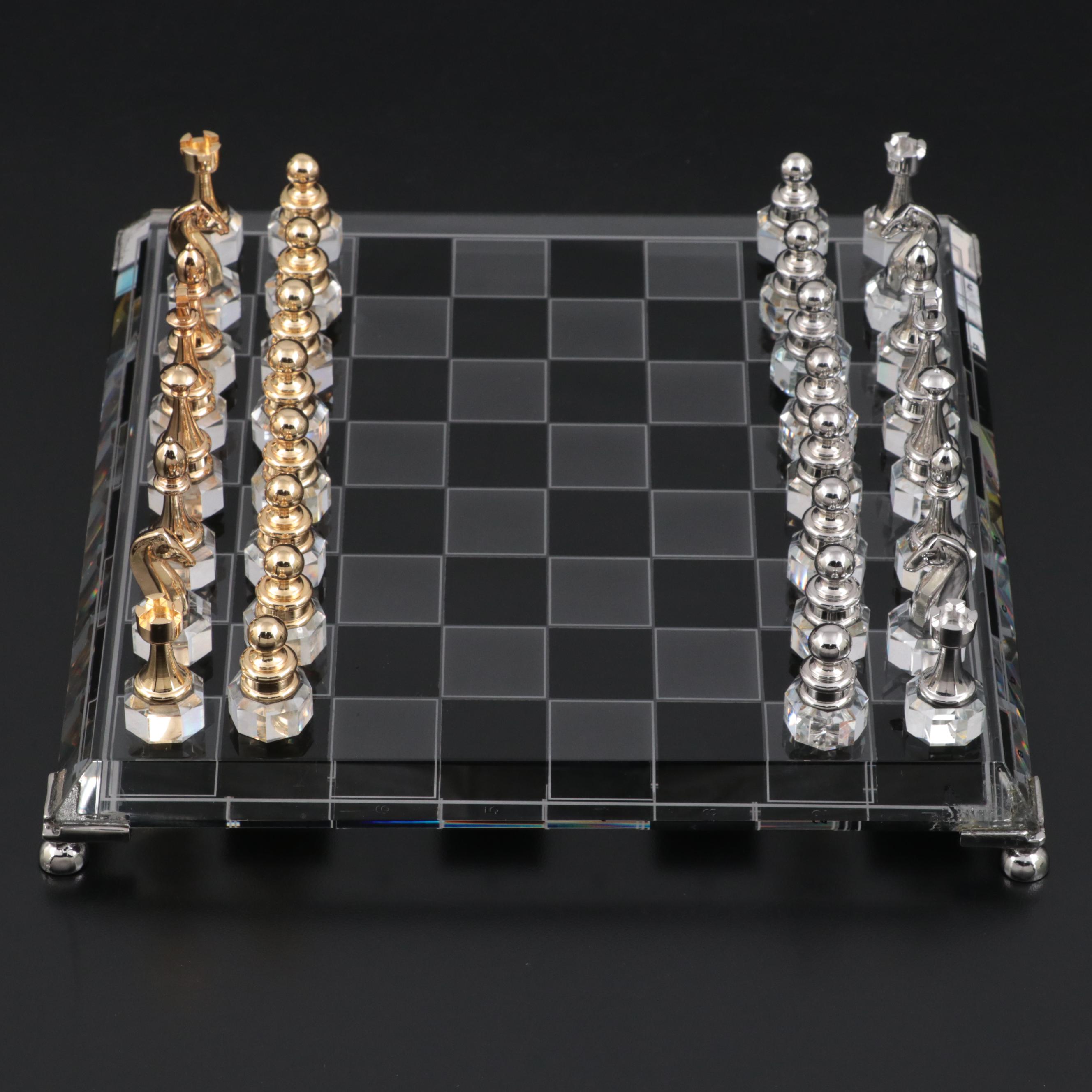 24K Gold Plate, Silver Plate and Crystal Chess Set Crystal Chess Board ...