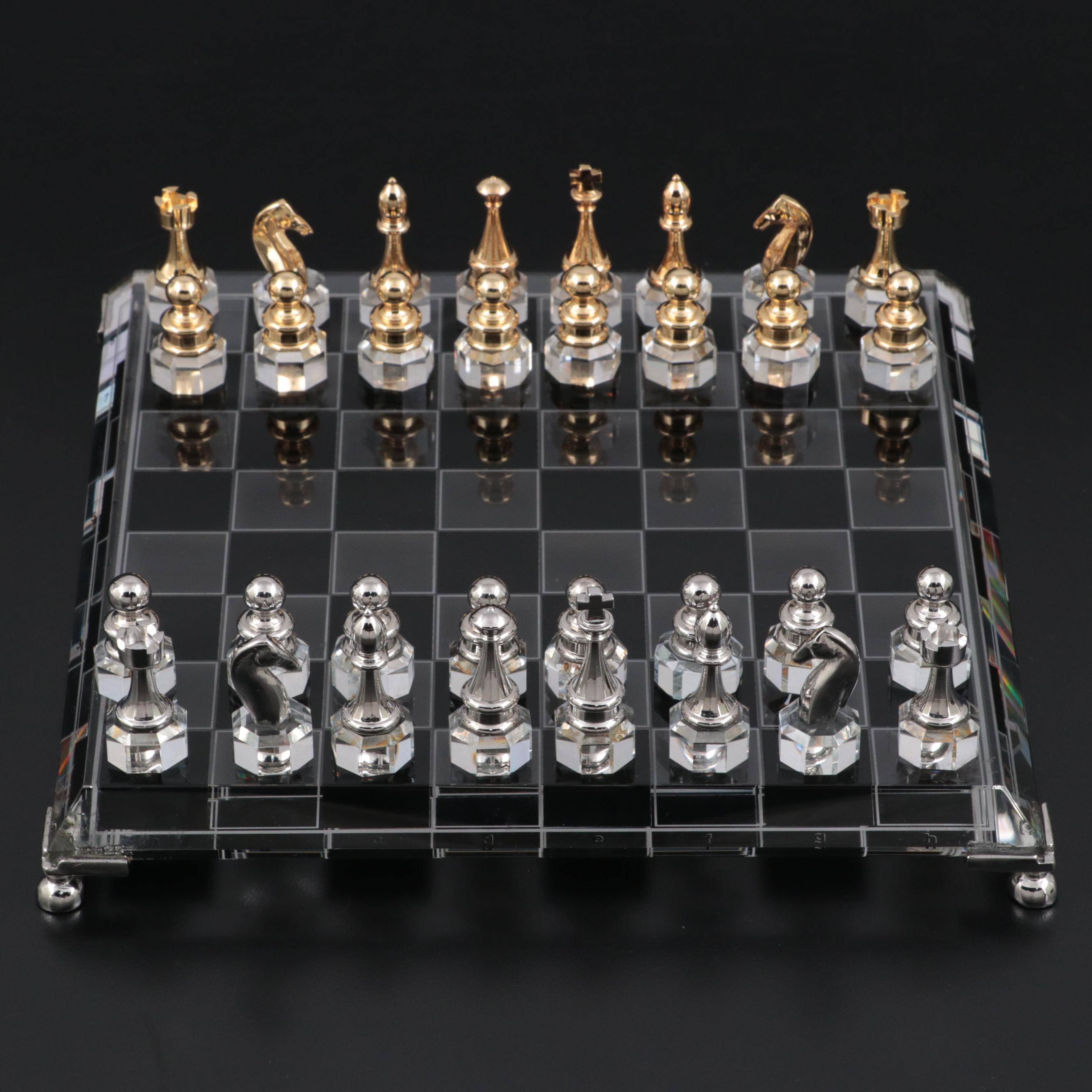 24K Gold Plate, Silver Plate and Crystal Chess Set Crystal Chess Board ...